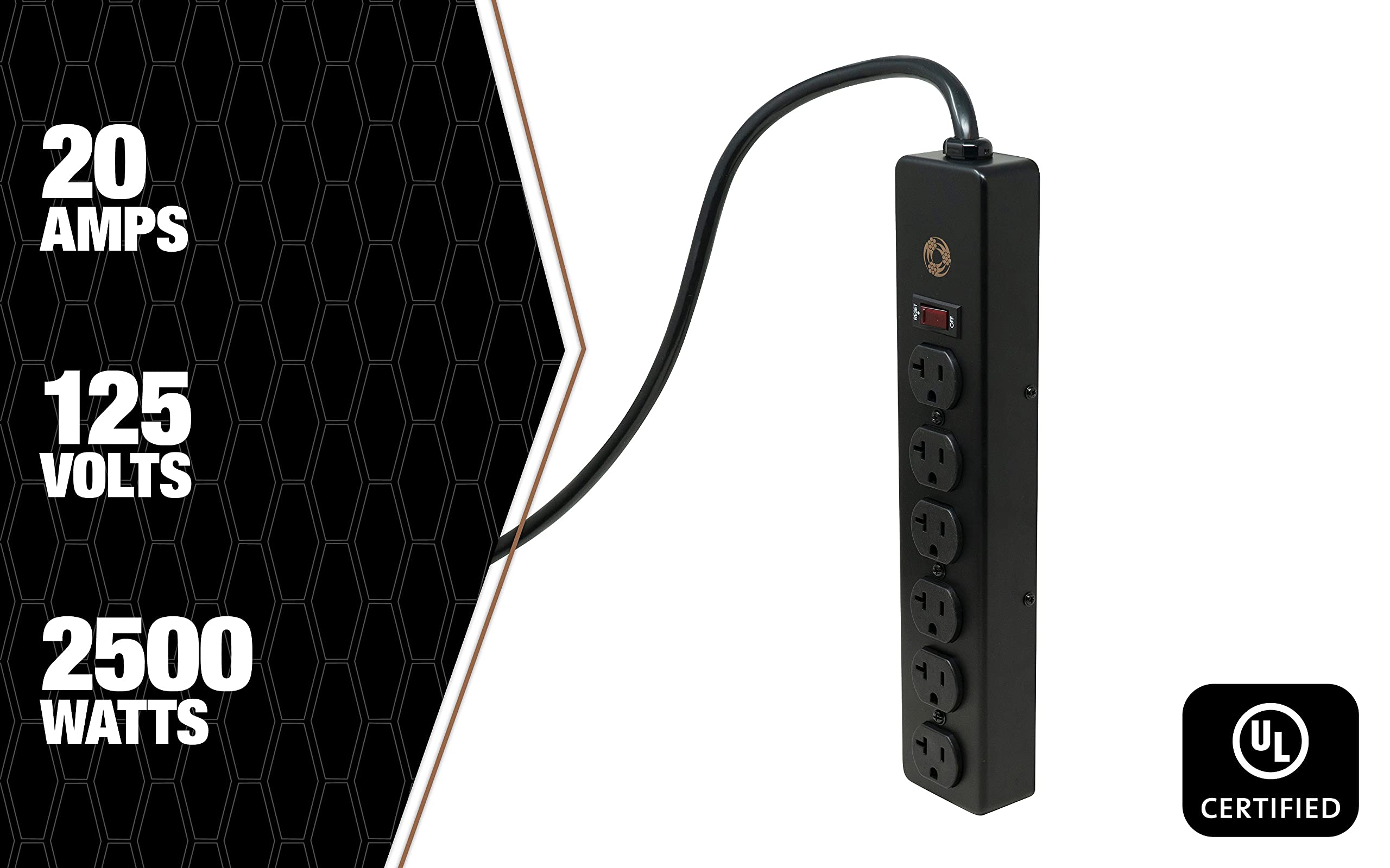 Southwire 5120 20 Amp Rated, 6 Outlet all Metal Power Strip with NEMA 5-20 P&R, 6 Foot 12/3 Cord