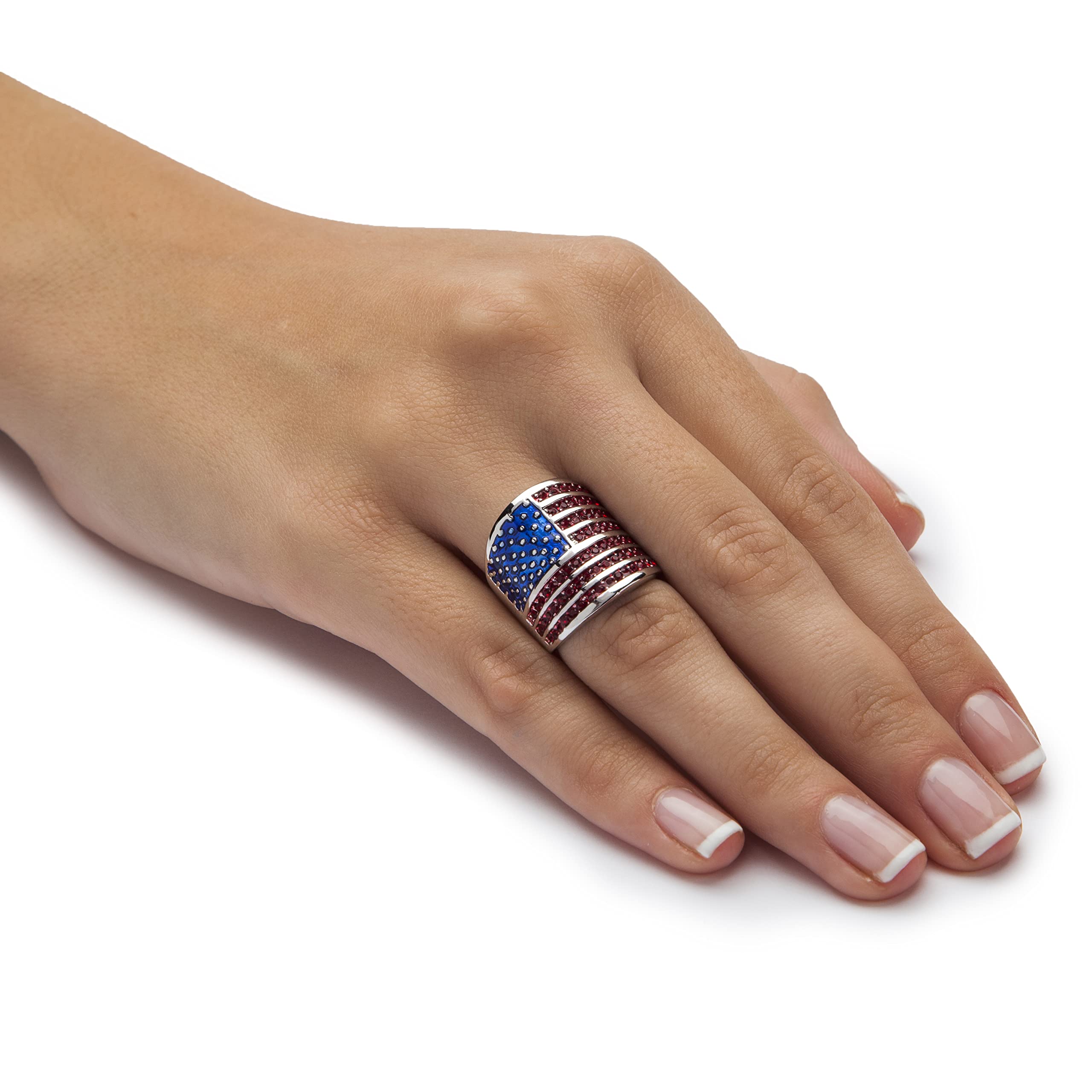 PalmBeach Silvertone Round Simulated Red Ruby and Enamel American Flag Ring Sizes 5-10 Size 10