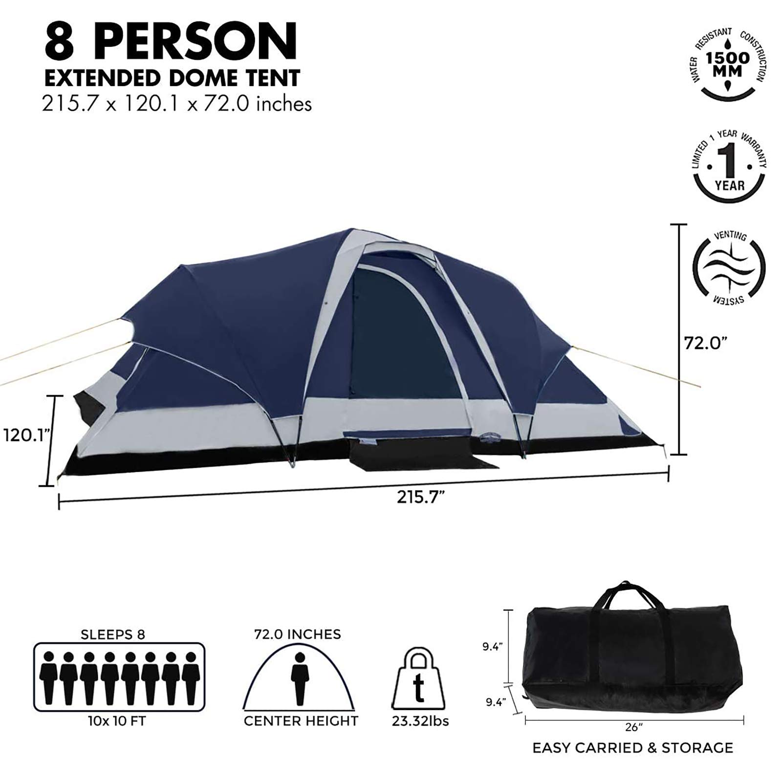 Pacific Pass 8 Person Dome Tent w/ Removable Rain Fly and Room Dividers, Water Resistant - Navy/Gray