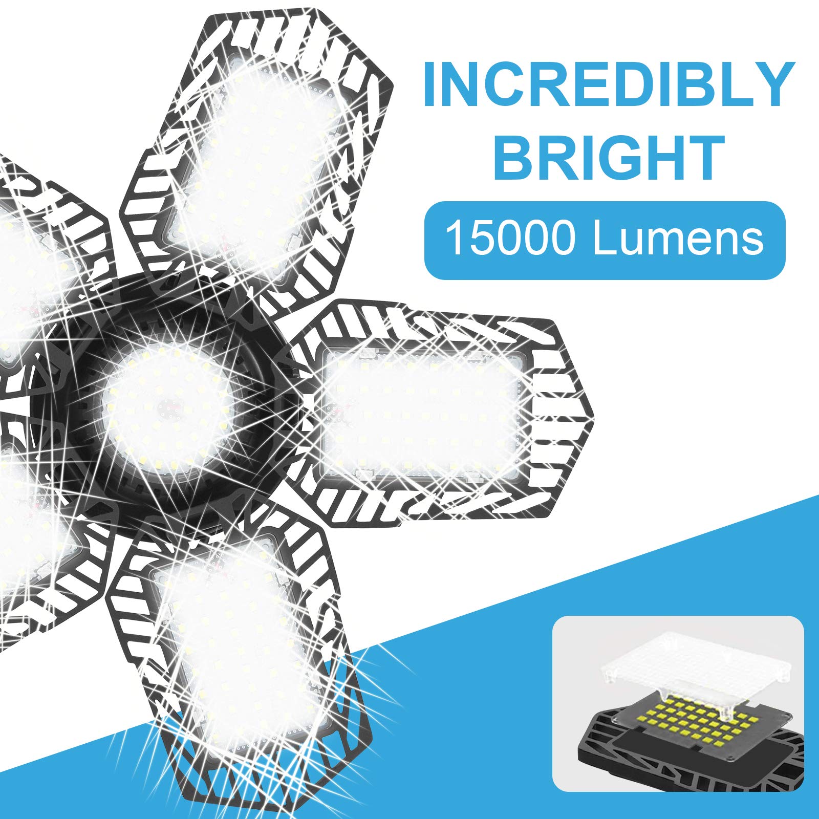 SEQI LED Garage Lights, 150W Deformable Garage Light 15000LM Daylight White 6000K, LED Shop Lights with 5 Adjustable Panels, Super Bright Garage Ceiling Light Work Lighting for Basement Workshop