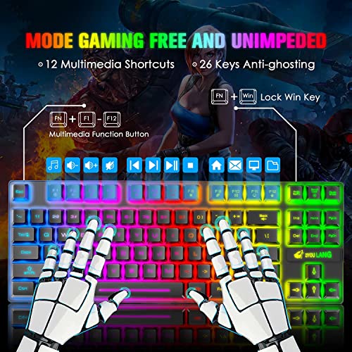 Wireless Gaming Keyboard Mouse and Wrist Rest Set with 87 Key Rainbow Backlight Rechargeable 3800mAh Battery Mechanical Feel Anti-ghosting Ergonomic Waterproof Mute Mice for PC Mac Gamer (Black Mix)