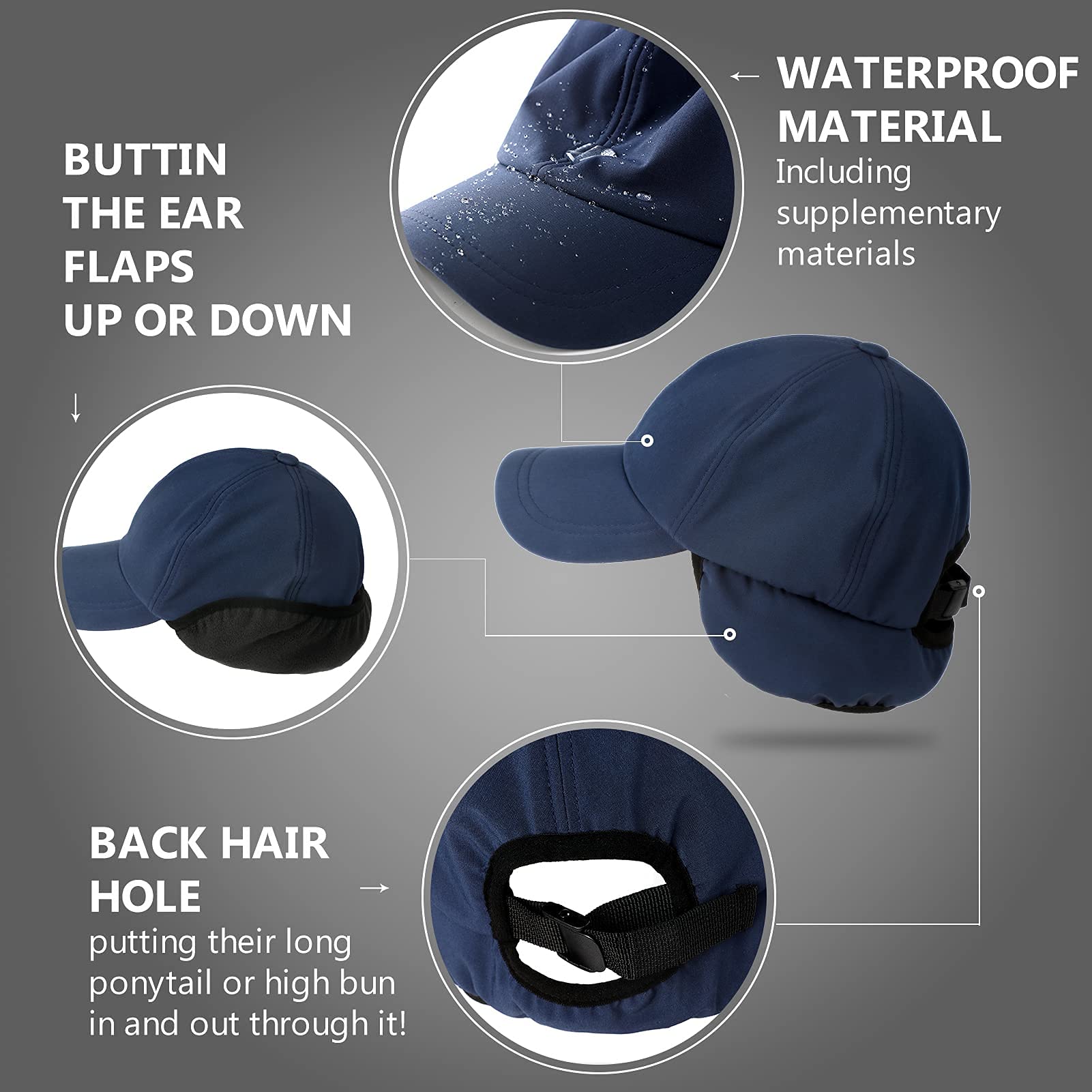 Womens Winter Baseball Cap with Earflaps Fleece Lined Warm Waterproof Hat Mens Outdoor Adventure Adjustable Cap