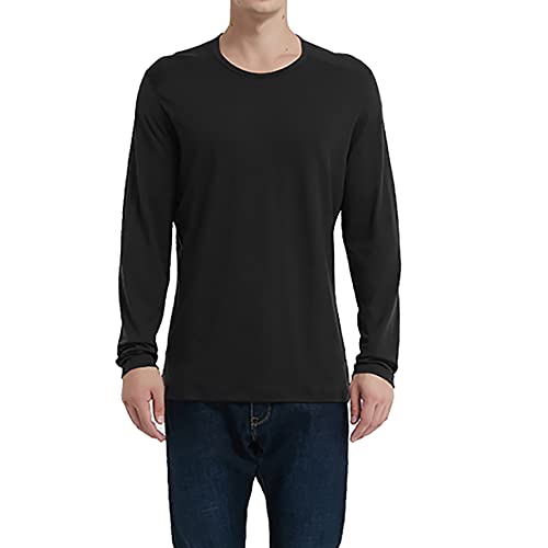 YUERD M&W Merino Wool Long Sleeve Crew Base Layer Mens 100% Merino Wool Active Thermal Underwear Shirts for Men Midweight Black