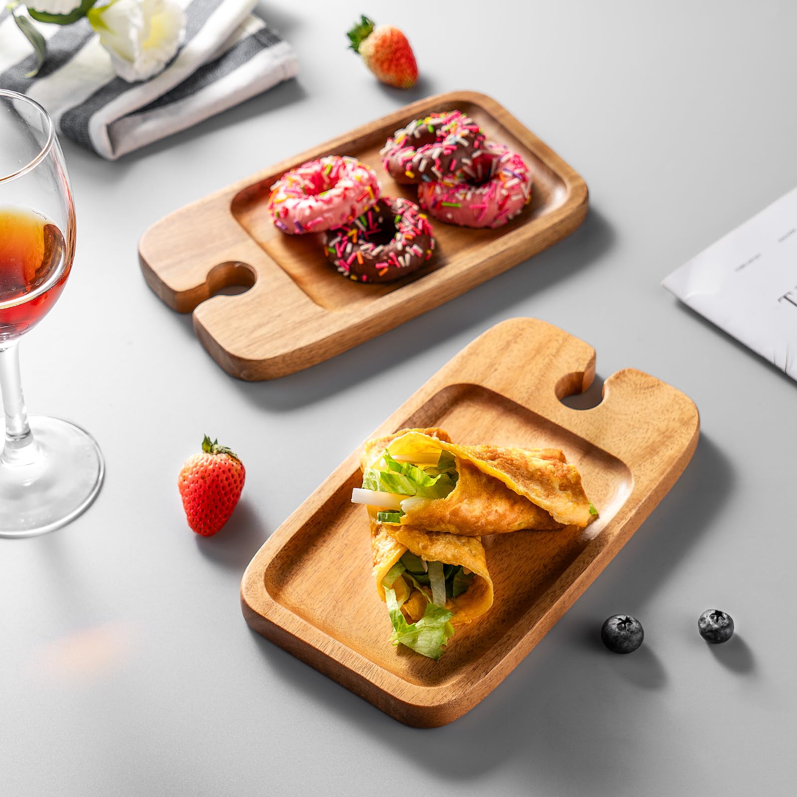 Wine Appetizer Serving Board, James.F Picnic Plate Set of 2, Acacia Wooden Serving Tray with Wine Holder, Mini Charcuterie Cheese Serving Boards Sets for Parties