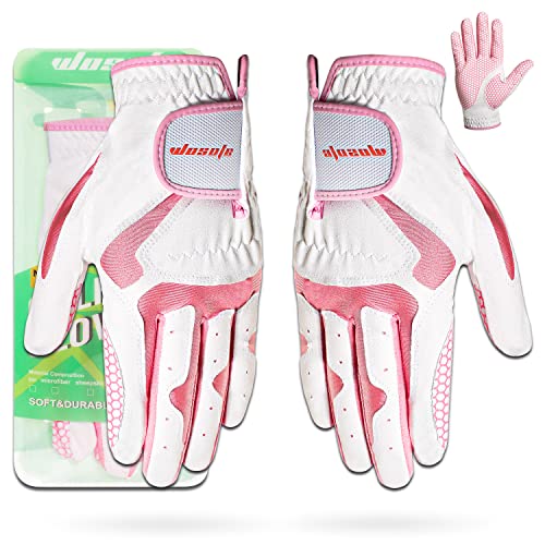 wosofe Golf Gloves Women Both Hands Pair Synthetic PU Soft Silica Gel Non-Slip Ventilation Comfortable Pink Close Fit Fashion (Medium)