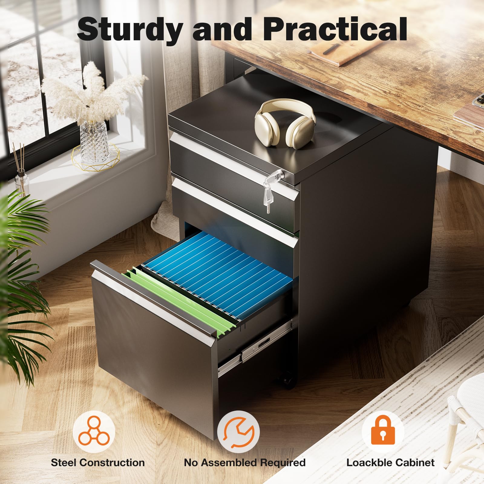 Sweetcrispy File Cabinet - 3 Drawer Locking Metal Mobile Rolling Filing Cabinet, Wheels & Pre-Assembled Under Desk Storage A4/Letter/Legal Home Office Small File Cabinet - Black