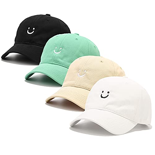 Voilipex 4 Pack Baseball Cap for Women Men Low Profile Cotton Dad Hat Adjustable Plain Hat (Smile Face Black, White, Beige, Turquoise)