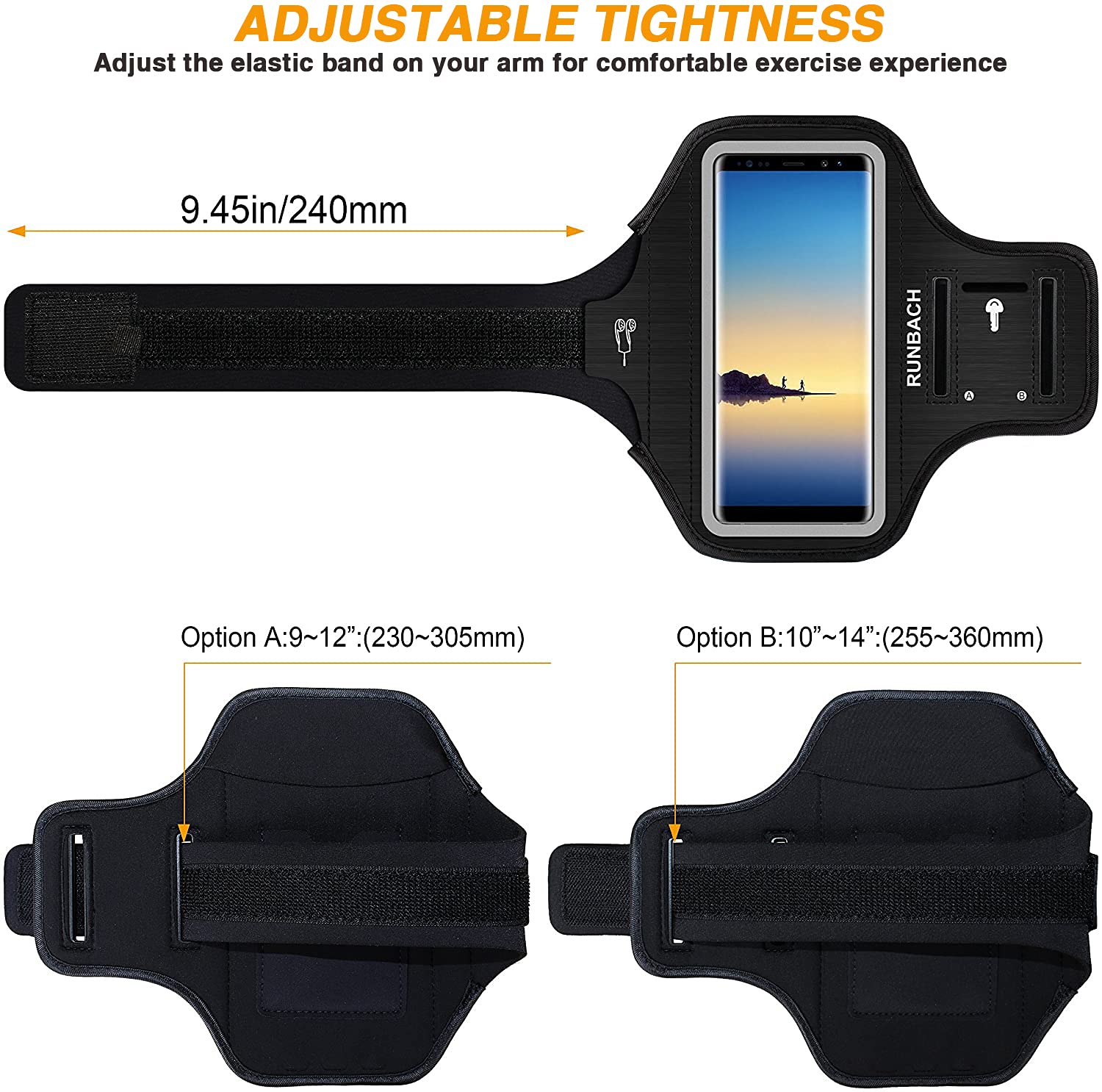 RUNBACH Galaxy Note 20/10+/9/8 Armband,Sweatproof Running Exercise Bag with Key Holder and Card Slot for Galaxy Note 20/10+/9/8(Black)