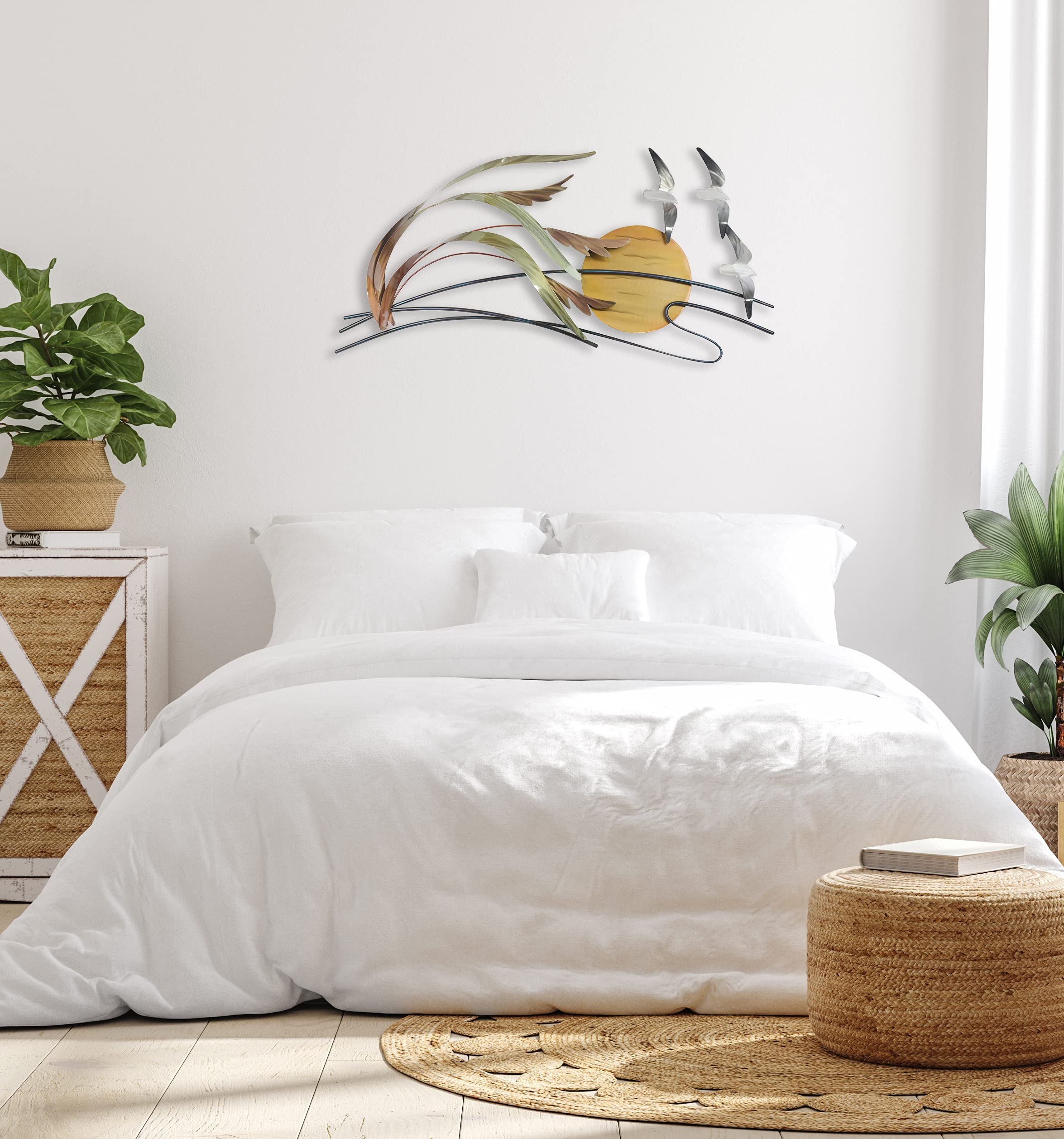 T.I. Design Seagulls and Sea Oats with Sun | Contemporary Coastal Beach Handmade Stainless Steel Metal Wall Decor