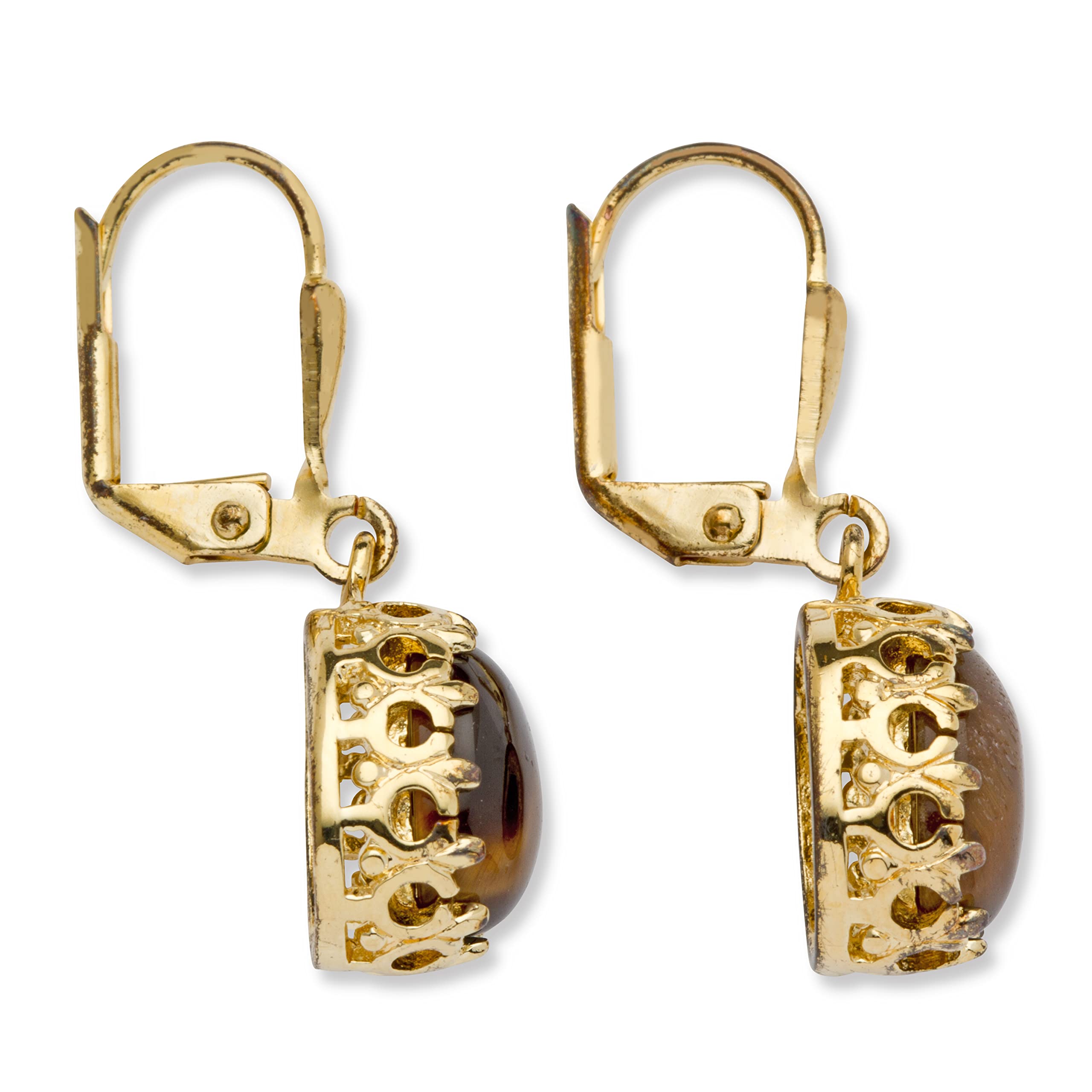PalmBeach Yellow Gold-plated Oval Shaped Genuine Brown Tiger's Eye Drop Earrings (12x10mm)
