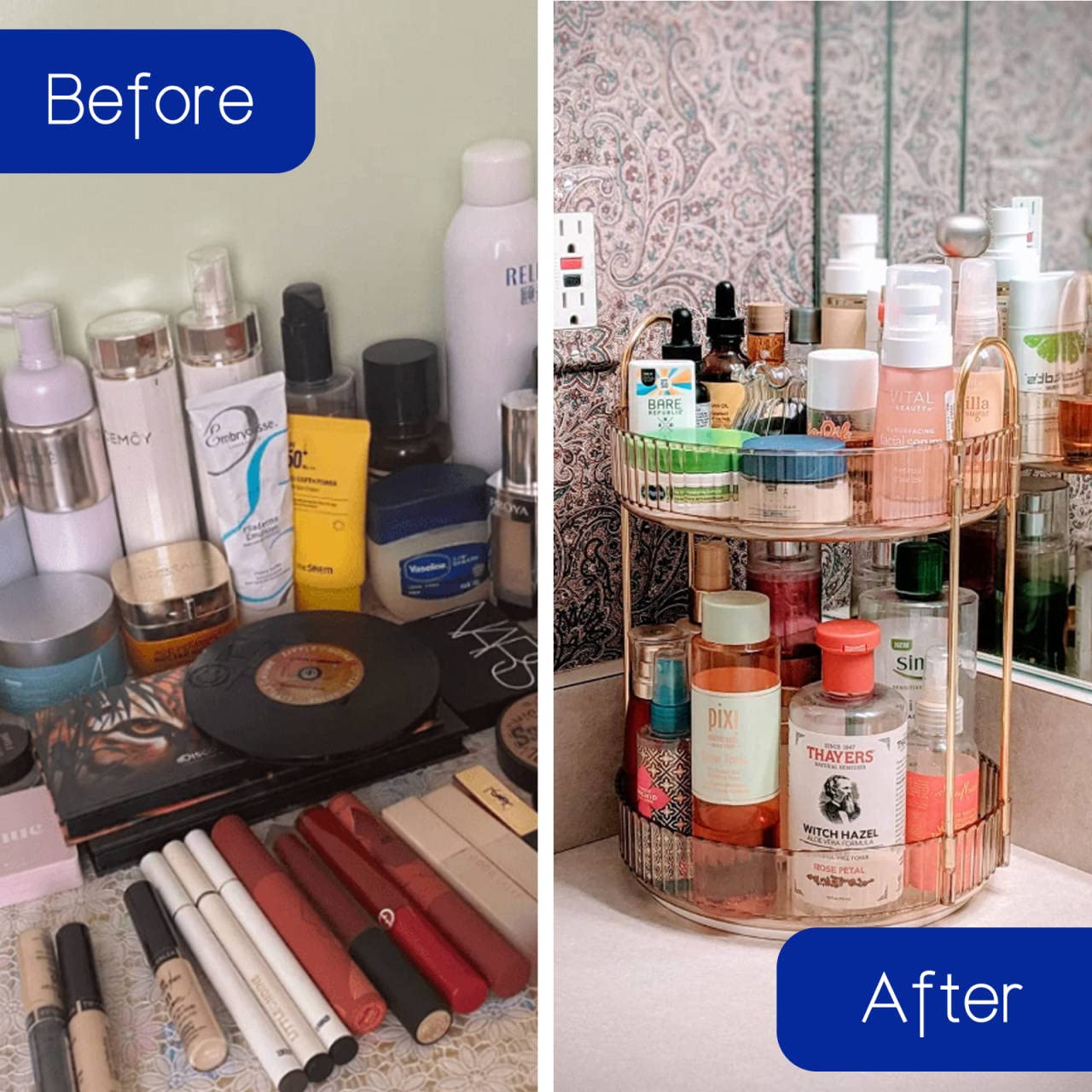 RETOONGKING Rotating Makeup Organizer,2 Tier Lazy Susan Spinning Skincare Organizer,360 Rotating Perfume Organizer, Large Capacity Cosmetics Storage Box Vanity Shelf Countertop (2 Tiers,Clear)