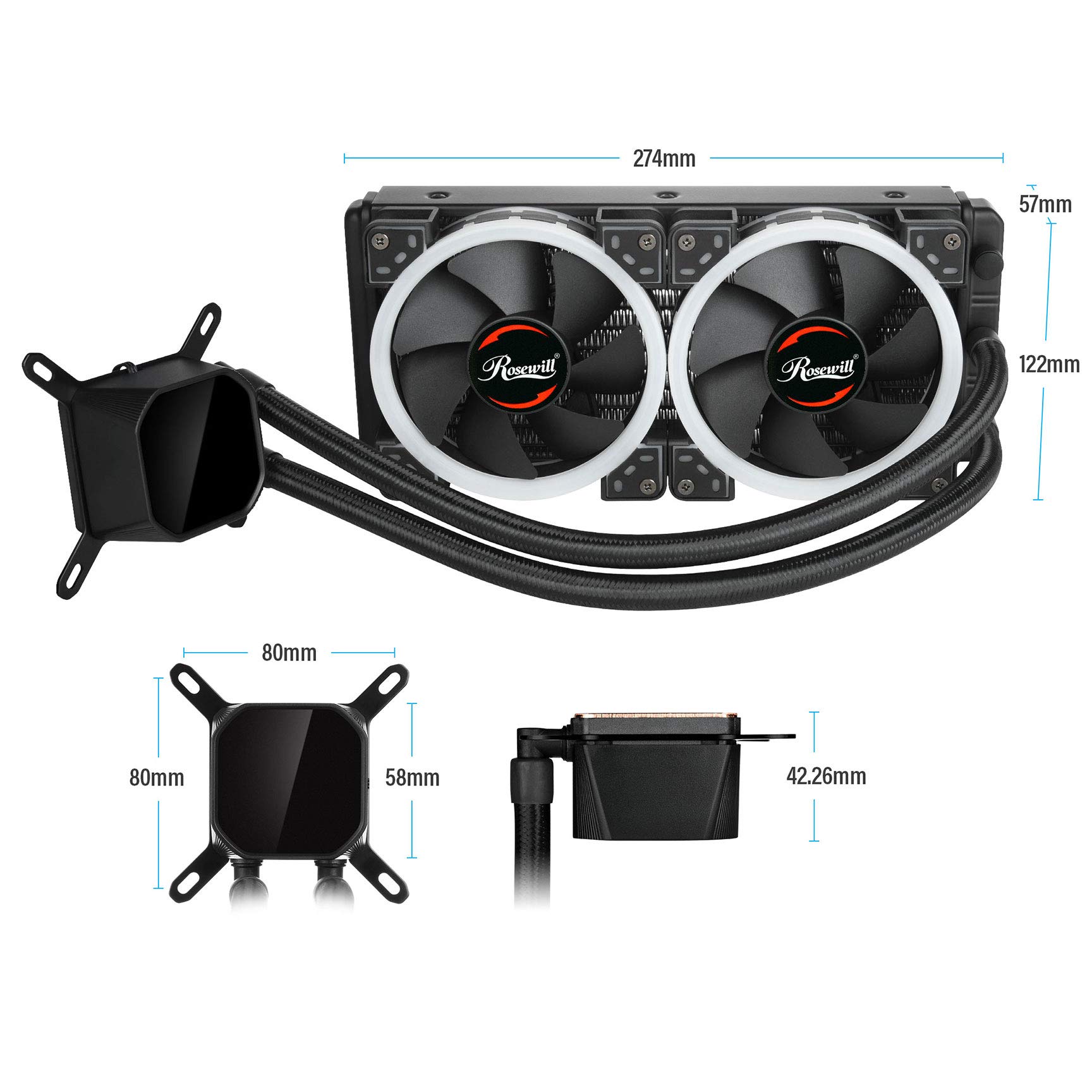 Rosewill RGB 240mm CPU Liquid Cooler, All-in-One Closed Loop PC Water Cooling, Quiet Addressable RGB Ring Fans, Intel/AMD Compatible, 400mm Sleeved Tubing - PB240-RGB