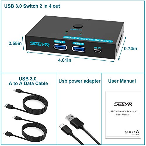 SGEYR USB 3.0 Switch USB Switcher 2 Computers Sharing 4 USB Devices USB Metal KVM Switch for Printer, Keyboard switches, Scanner PCs with One-Button Swapping and 2 Pack USB Cables