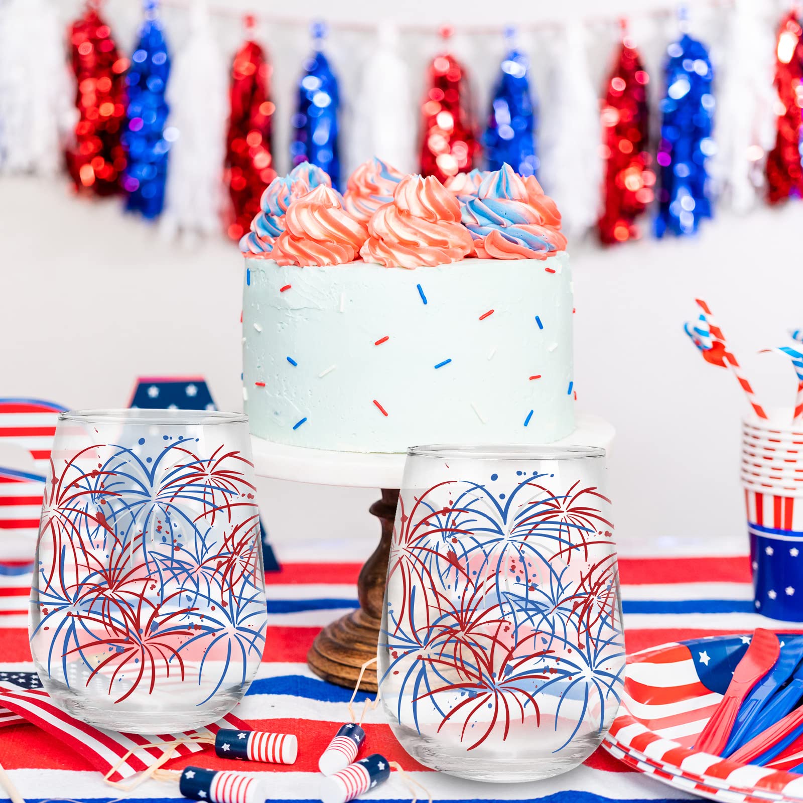 Whaline 2Pcs Patriotic Stemless Wine Glasses 17oz Red Blue Firework Drinking Glasses Firework Tumbler Cups Independence Day Party Cups for Celebration 4th of July Party Supplies Kitchen Decor Gifts