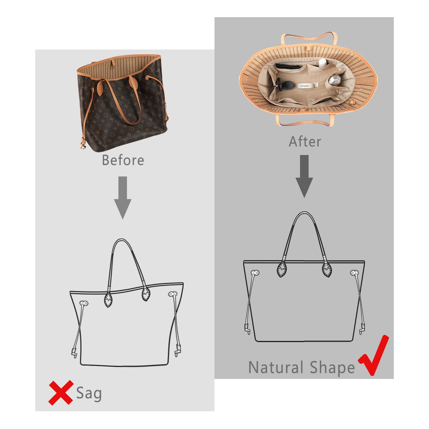 Purse Organizer Insert For Handbags, Silk Purse Organizer with Zipper, Silky Smooth, Bag Organizer For Speedy Neverfull Tote,onthego,Artsy, 6 Sizes(Slender Medium, Silky Beige)
