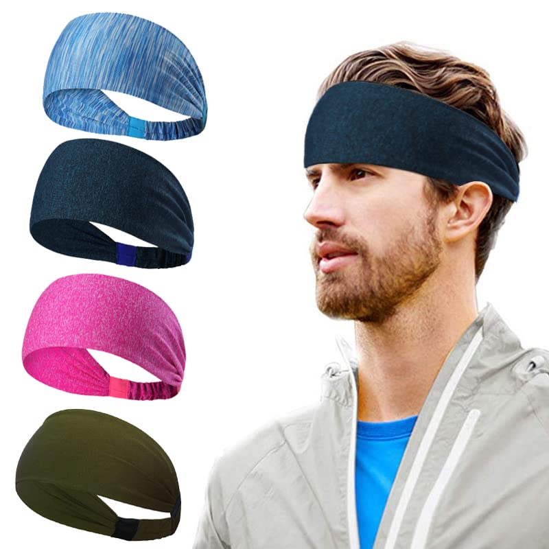 ZGZDFC 4pcs Wide Sports Headbands for Men & Women - Non Slip,Moisture Wicking Athletic Sweatband for Running,Yoga,Athletic,Fitness (Striped Blue/Blackish Green/Rose/Army Green)