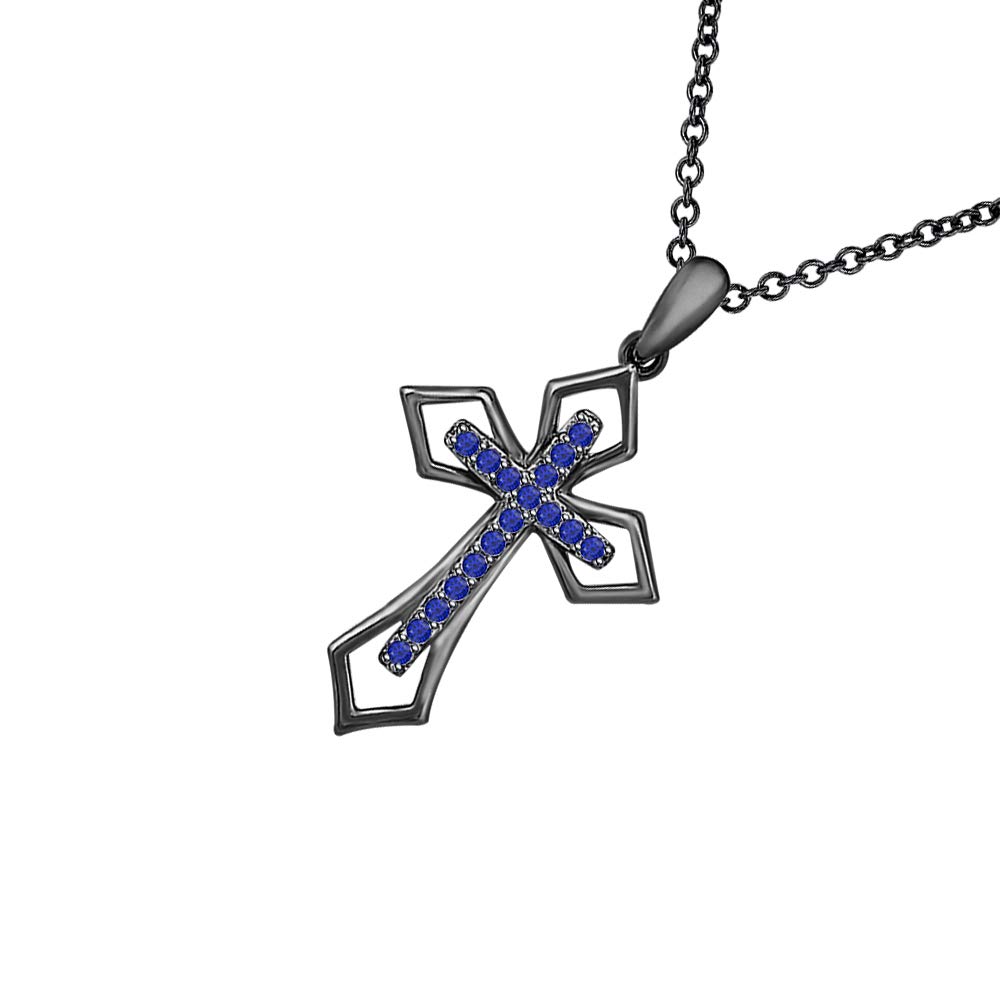 RUDRAFASHION Round Cut 14k Black Gold Plated Blue Sapphire Cross Pendant Valentines-Day for Womens