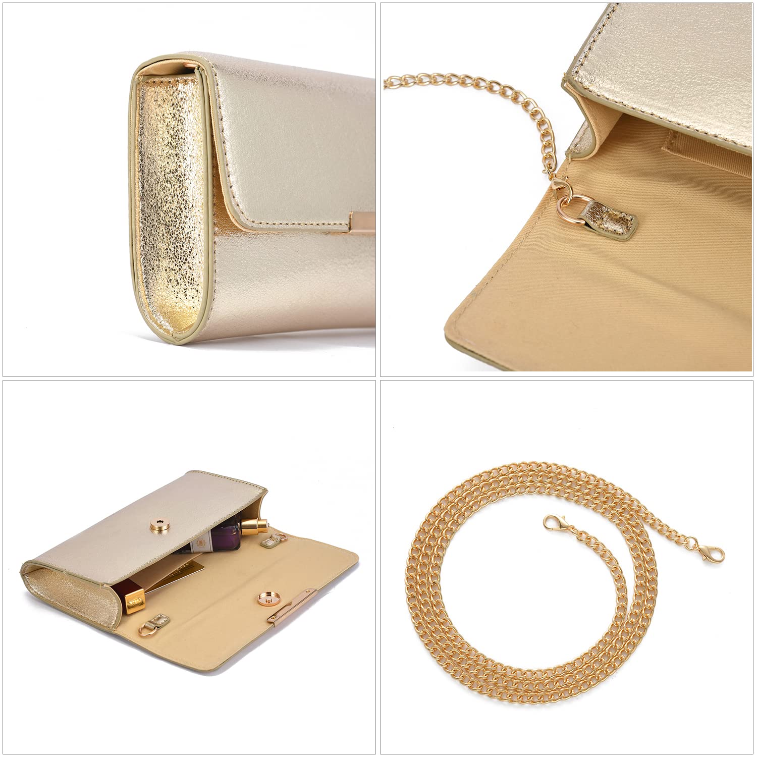 WOO Classic Clutch Bag for Evening Party Soft Metallic PU Elegant Shoulder Crossbody Purse Design for Formal Occasion (Gold)