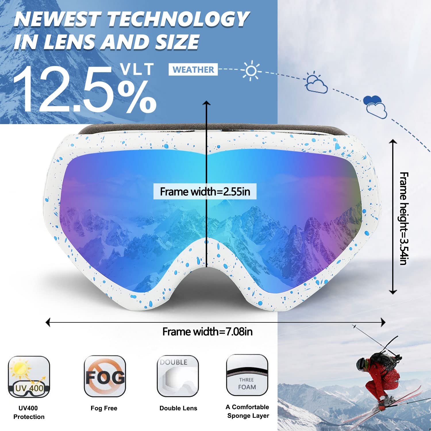 Ukoly Ski Goggles, 100% UV Protection OTG Snowboard Goggles for Men, Women Adult Youth