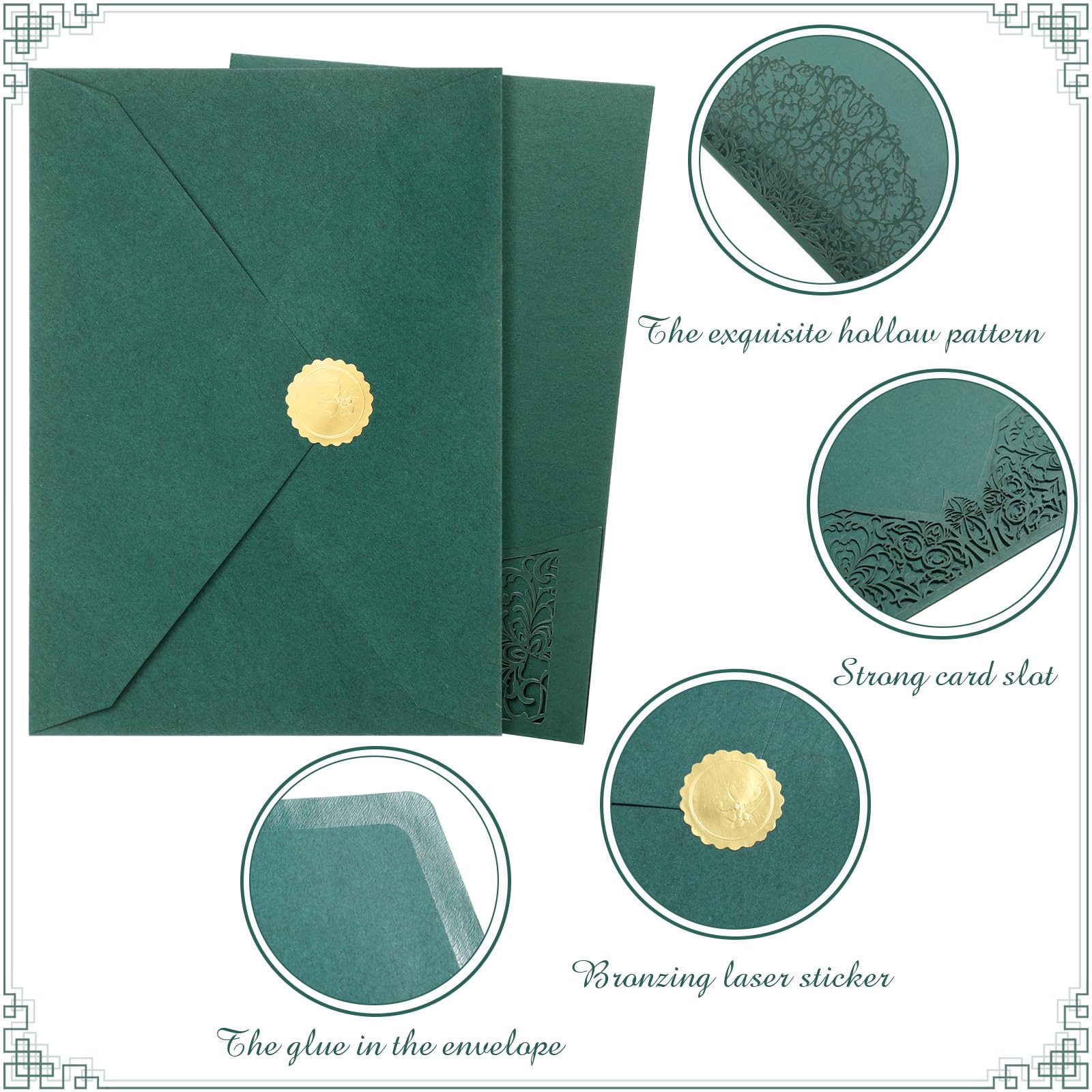 PerKoop 100 Set 5 x 7 Laser Cut Wedding Invitations with Envelopes and Wax Seal Stickers Pocket Wedding Invitation Cards Blank Invitation Kit for Wedding Bridal Shower Engagement Invite (Dark Green)