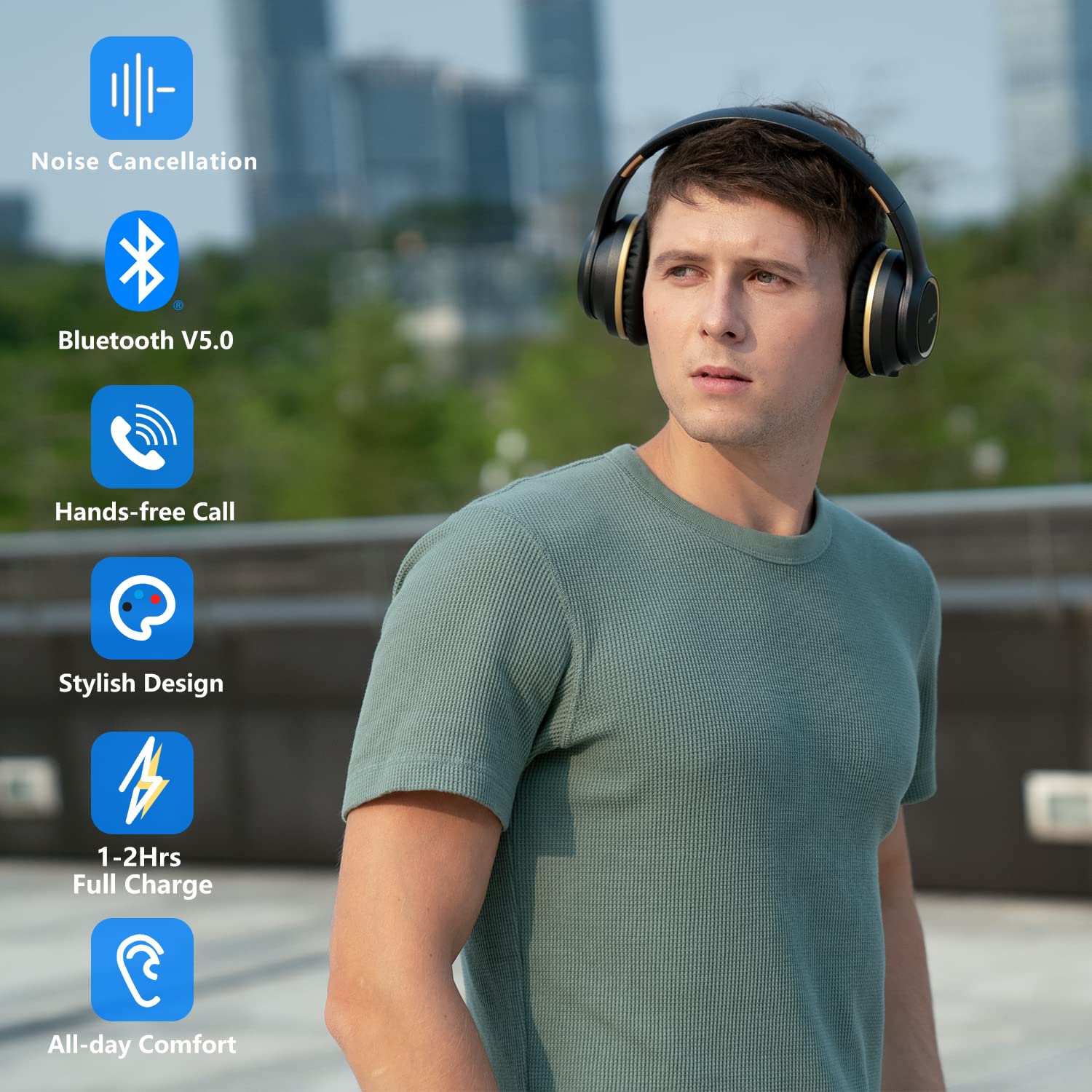 Srhythm NC15 Noise Cancelling Headphones Bluetooth Over-Ear Headset with Mic for Teens, Adults Online Class/Home Office/TV/PC/Phone