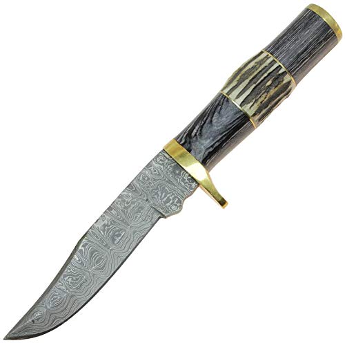 Rebel Wolf Functional 1095 HC Hunting Knife Long Clip Damascus Steel Stag Horn