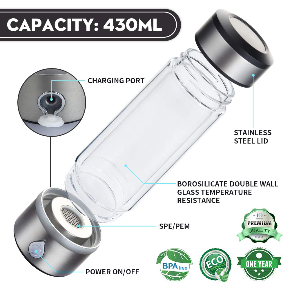 SAIKUN Hydrogen Rich Water Cup ,PEM Technology Ionizer , Portable USB Rechargeable Ionized Water Generator Anti Aging Antioxidant Glass Bottle- 350ml