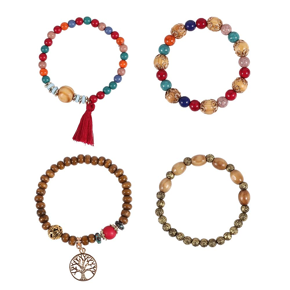 Twinfree Bohemian Stackable Bracelets Set for Women Boho Stretch Multilayer Colorful Stack Beads Bracelet 4 Pack