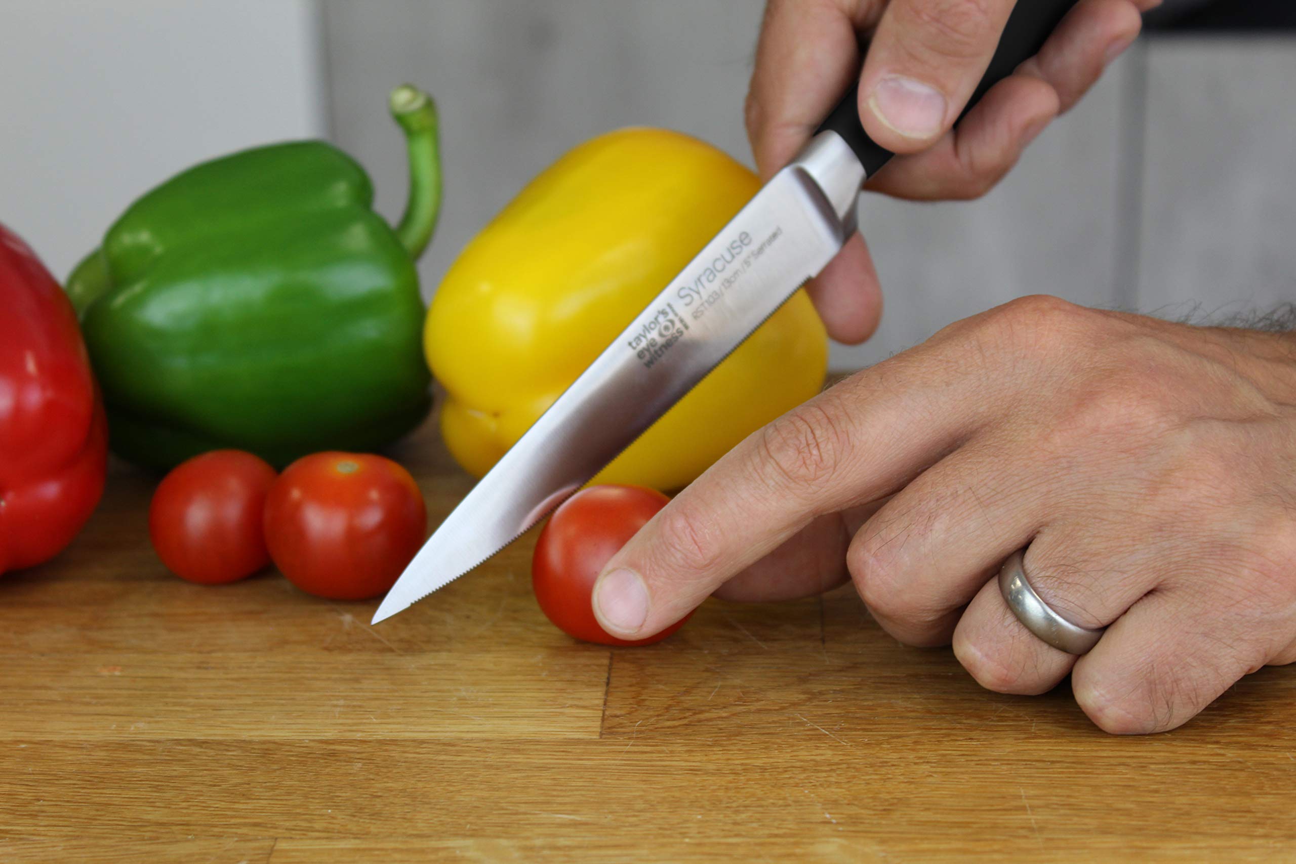 Taylors Eye Witness Syracuse Serrated Utility Kitchen Knife - Professional 13cm/5β Cutting Edge, Multi Use. Ultra Fine Toothed, Razor Sharp Blade. Soft Textured Grip Matte Black Handle.