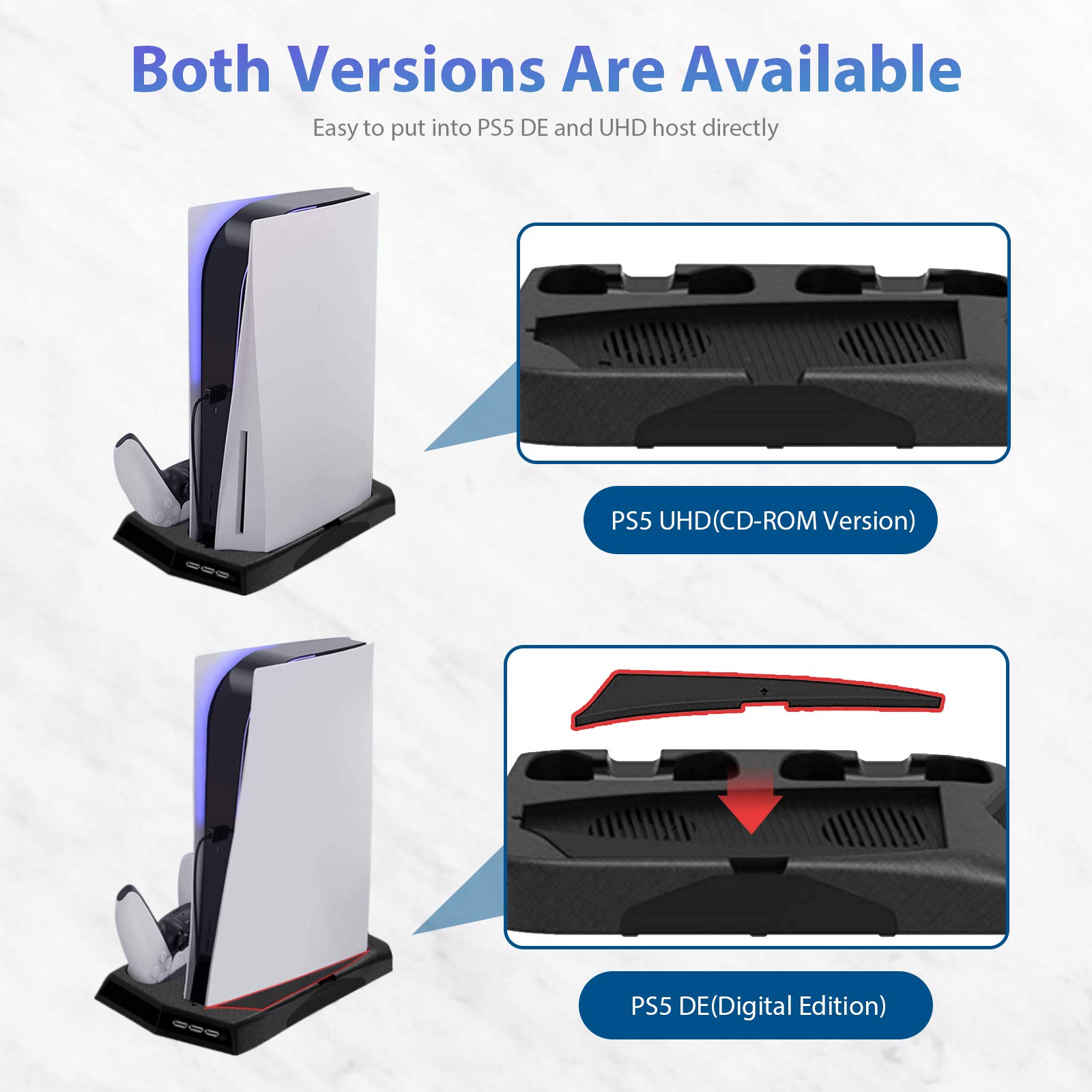 Vertical Stand for Playstation 5 with Cooling Fan Charging Station for PS5 Digital Edition/Ultra HD Console with Controller Charger Game Rack Storage Organizer 3 USB Ports for PS5 and DualSense