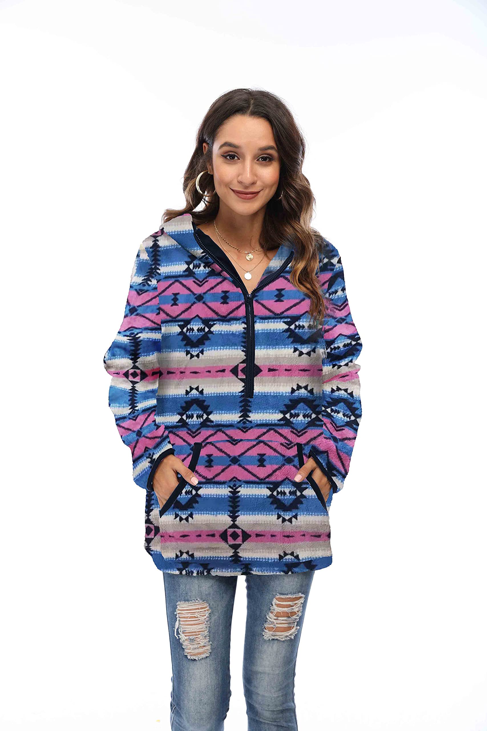 Voopptaw Aztec Sweaters for Women Casual Fuzzy Pullover Long Sleeves Zipper Sweatshirt Winter Loose Fit Coat with Pockets Pink S