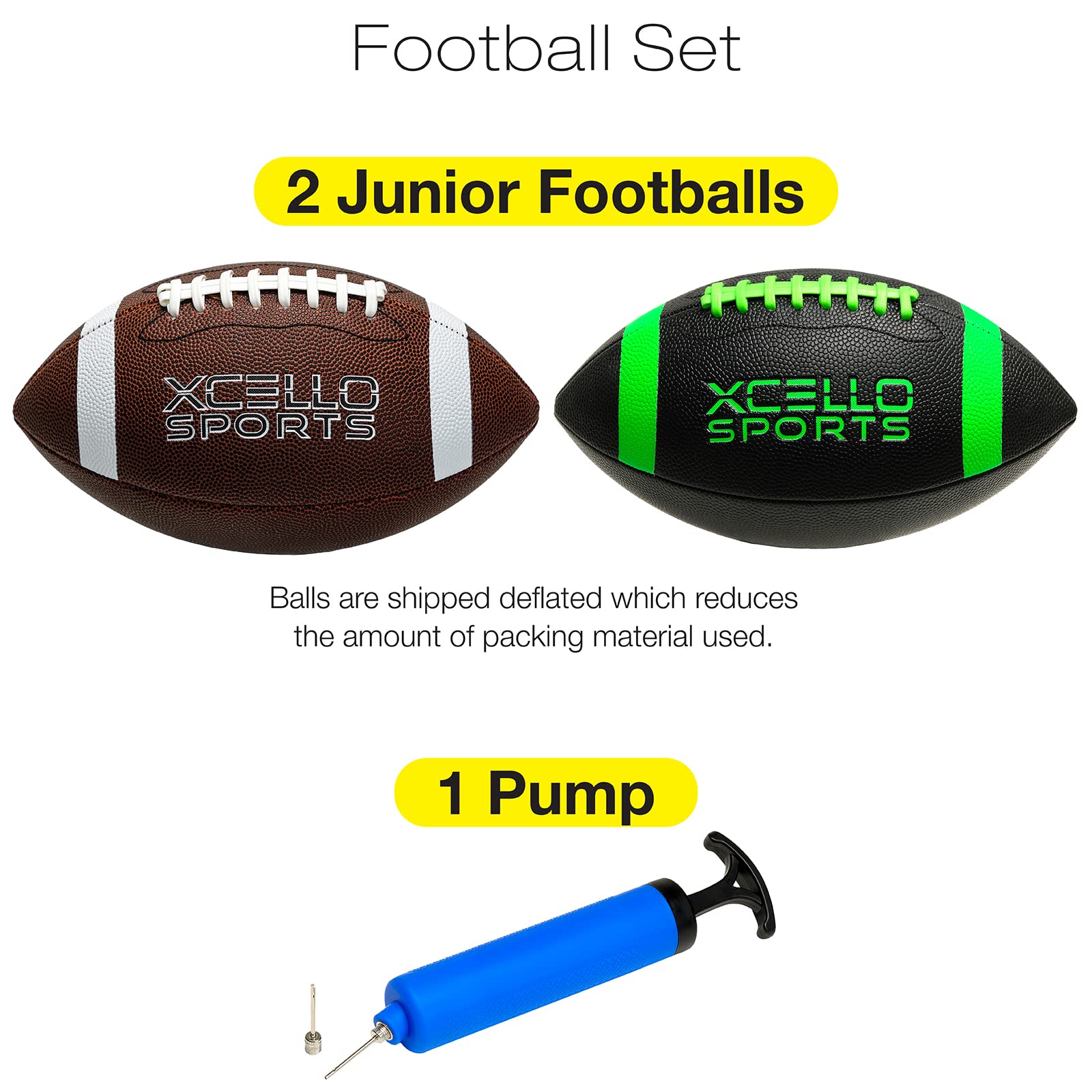 Xcello Sports JR Football Assortment w/Pump (Pack of 2) (Black/Green & Brown/White, Junior - 10")