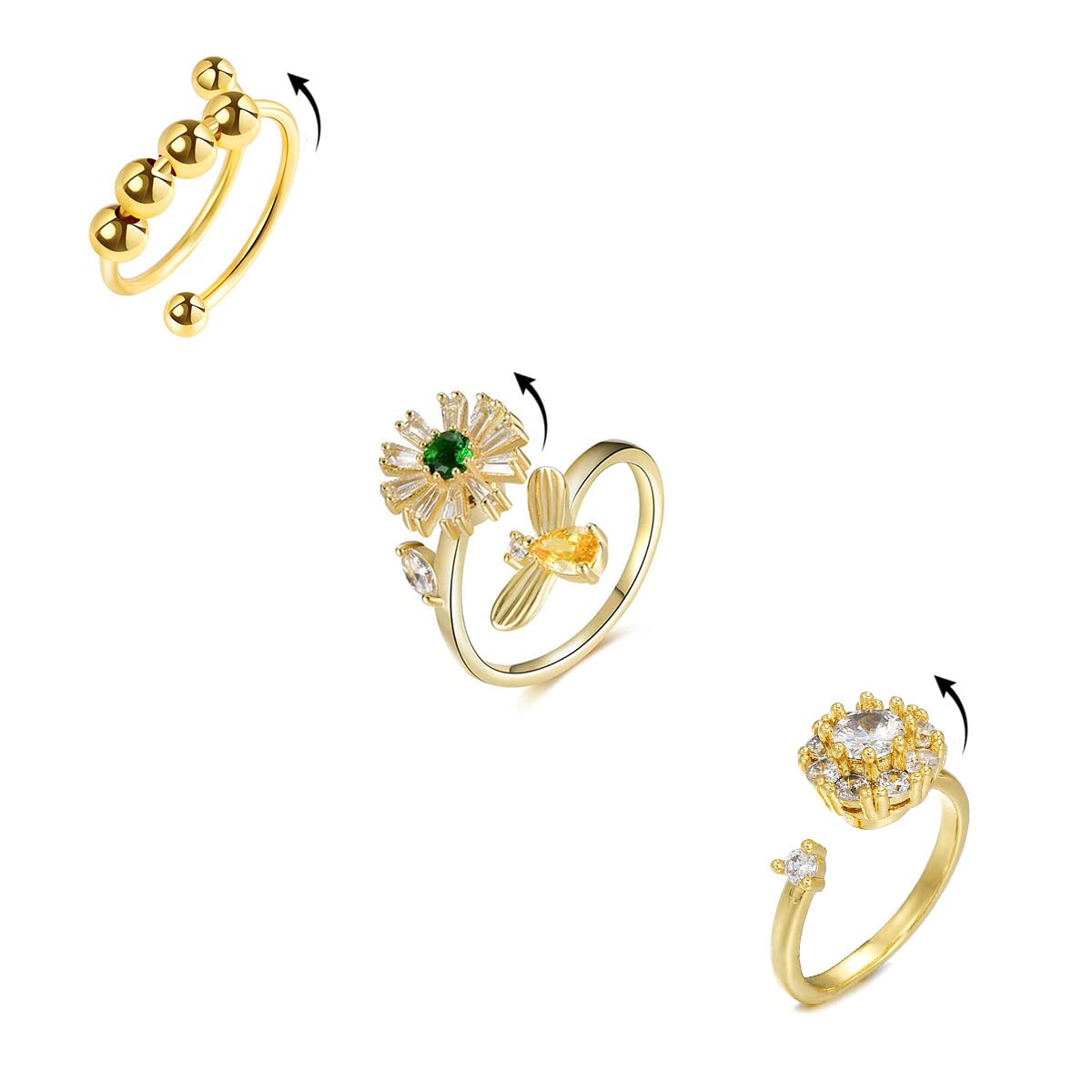 yfstyle Fidget Anxiety Rings for Women Adjustable Open Ring Set Cubic Zirconia Sunflower Spinner Ring Gift for Valentine's Day-gold 3pcs