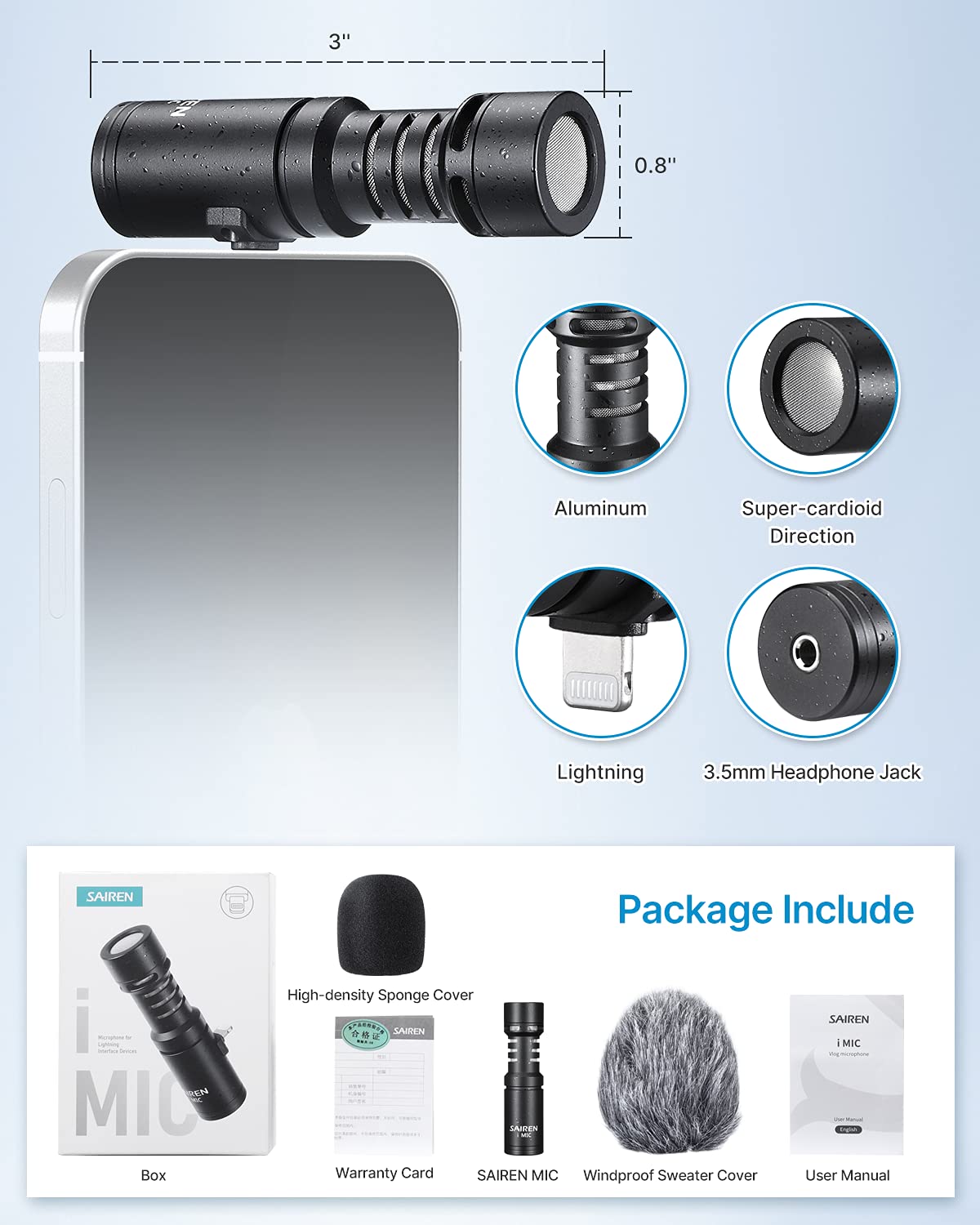 ULANZI Lightning Microphone for iPhone iPad Plug and Play, SAIREN Mini Interface Plug-in Microphone Compatible with All iOS Device, Professional Mic for Video Recording Vlogging YouTube TIKTOK