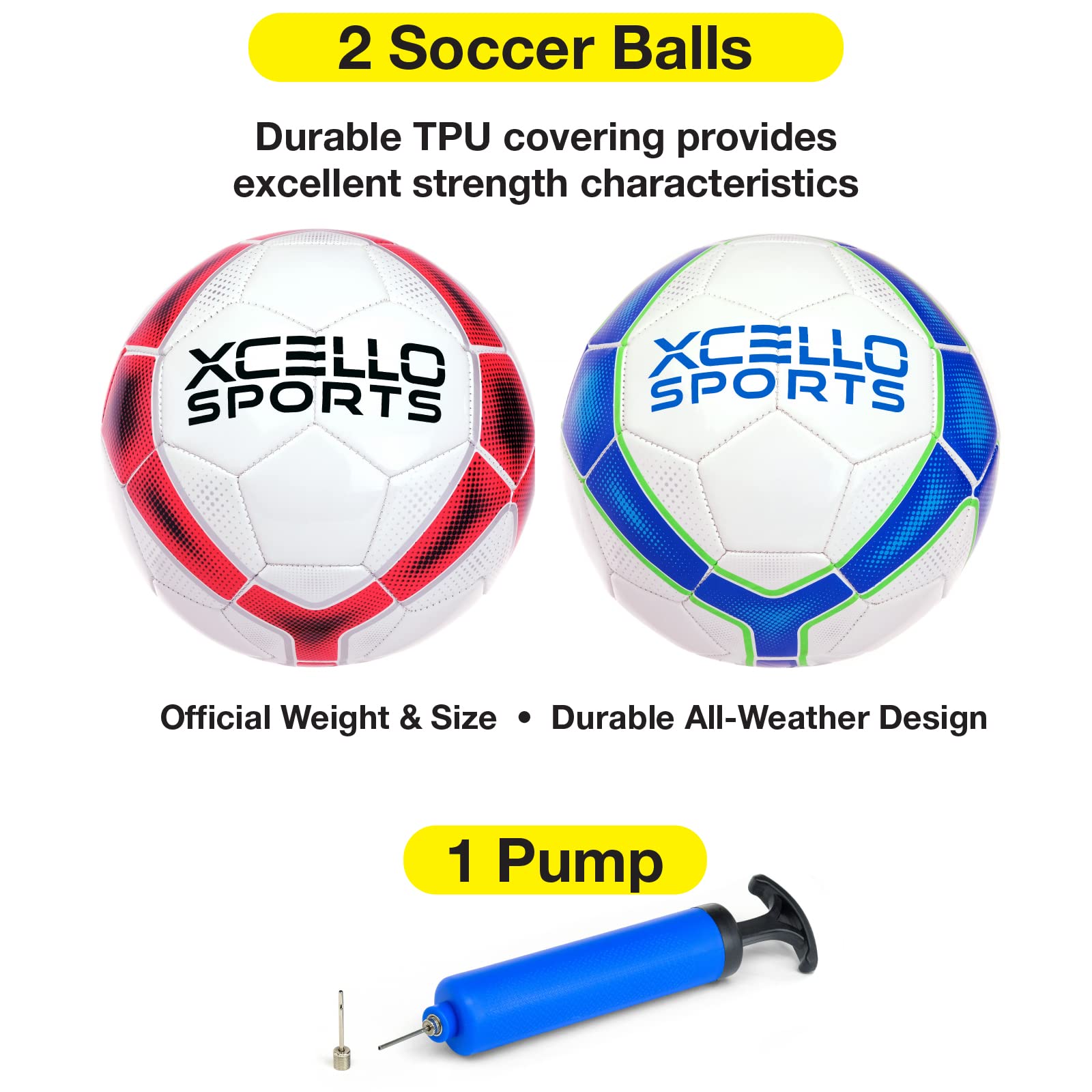 Xcello Sports Soccer Ball Premium Durable TPU Cover Official Match Size and Weight – 2 Pack with Pump (Available in Size 3, Size 4, and Size 5) (Size 5)
