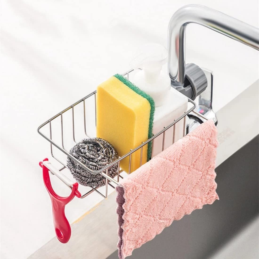 Vilehubju Faucet Storage Rack, Stainless Steel Sink Rack Removable Hanging Faucet Drainage Rack for Kitchen Bathroom Can Be Placed with Sponges Hand Sanitizer Soap Brushes Towels (Silver)