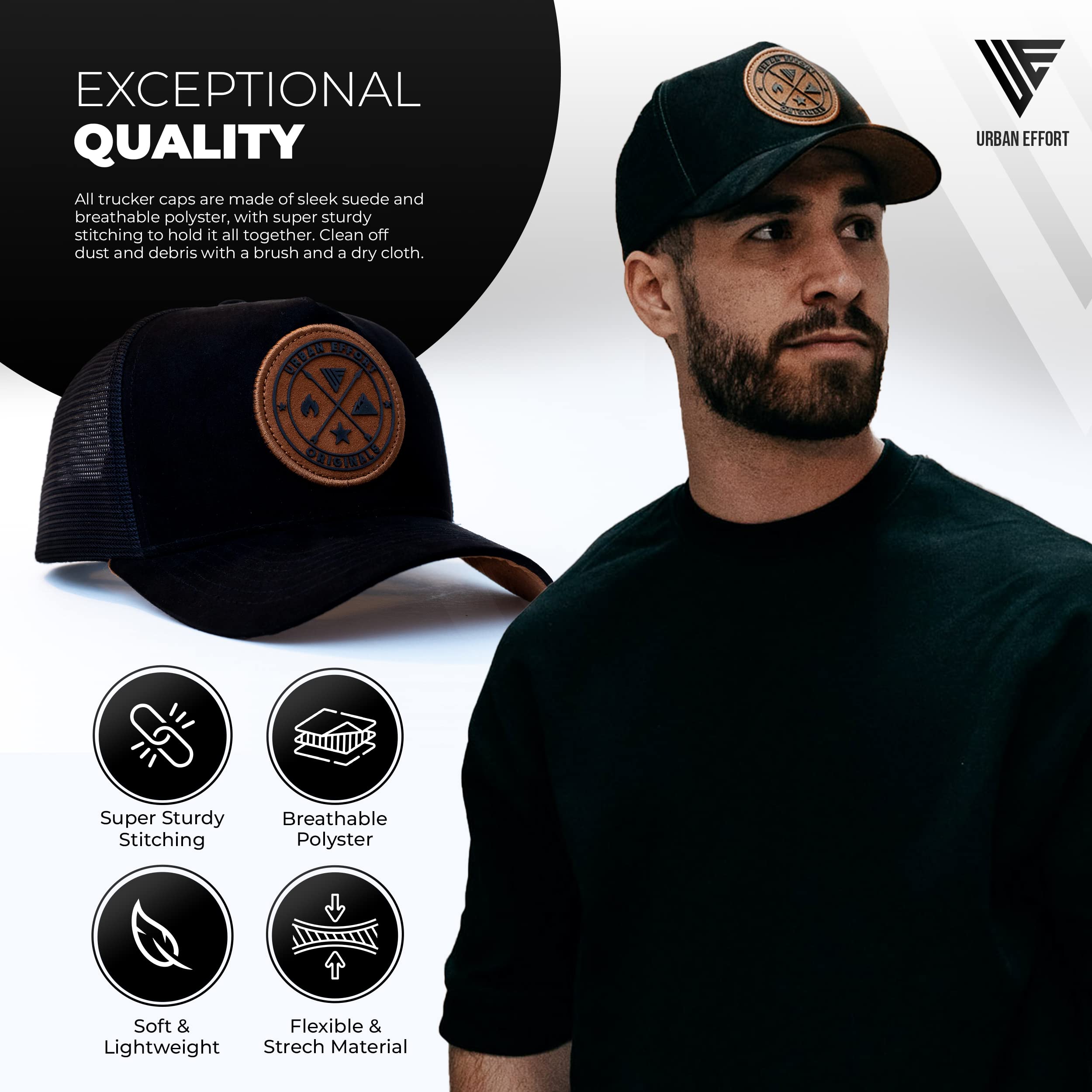 Urban Effort Mesh Trucker Hat,Men and Womens Trucker Hats with Adjustable Strap,Baseball Snapback Closure for Mountaining,Hunting&Hiking (Black)