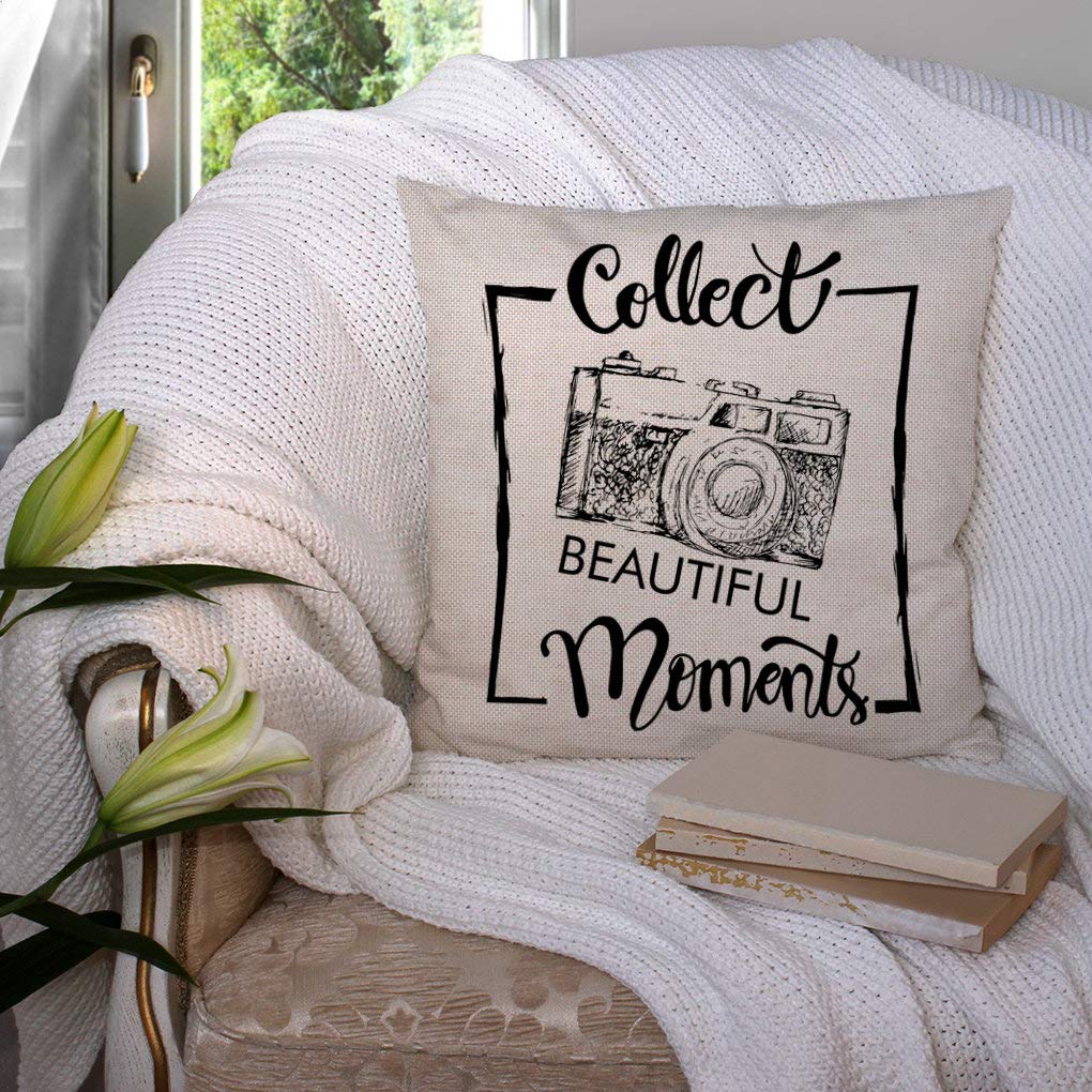 SSOIU Motivational Quote Throw Pillow Cover, Collect Beautiful Moments with Retro Camera Decorative Throw Pillow Covers Cotton Linen Pillow Cases 18β x 18β for Home Decor