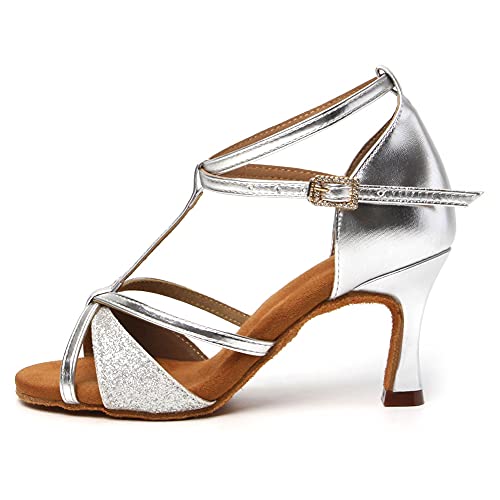 SWDZM Women Satin Latin Dance Shoes T-Strip Ballroom Salsa Chacha Performance Practice Dancing Shoes,809 Heel 3",Silver 7.5 US