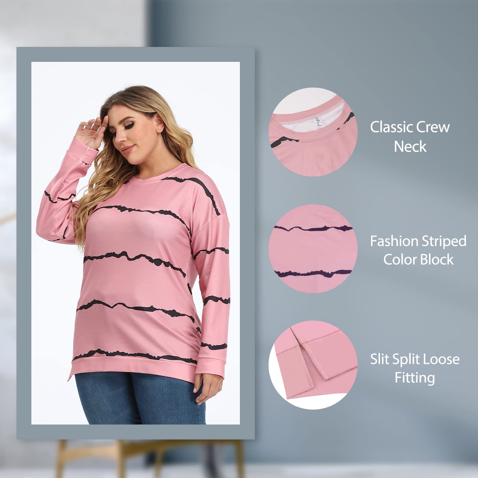 Voxshe Womens Tie Dye T Shirts Long Sleeve Crew Neck Basic Tee Tops Leisure Blouse Pink