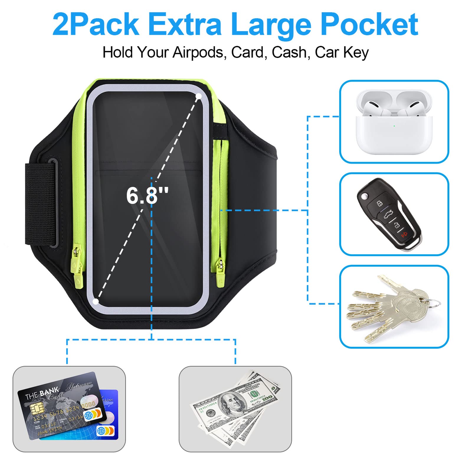 Running Phone Holder with Earphone Bag, MR.LUYU Cell Phone Arm Band Case for iPhone 15 14 13 12 11 Plus Pro Max Galaxy S23 S22 Ultra, Waterproof Armband Belt with Adjustable Strap Car Key Pocket