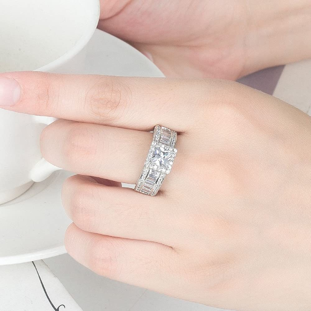 WANMEIL 14K White Gold Square Cut Pave Cubic Zirconia Stone Accent Promise Bridal Engagement Wedding Anniversary Band Ring (8)