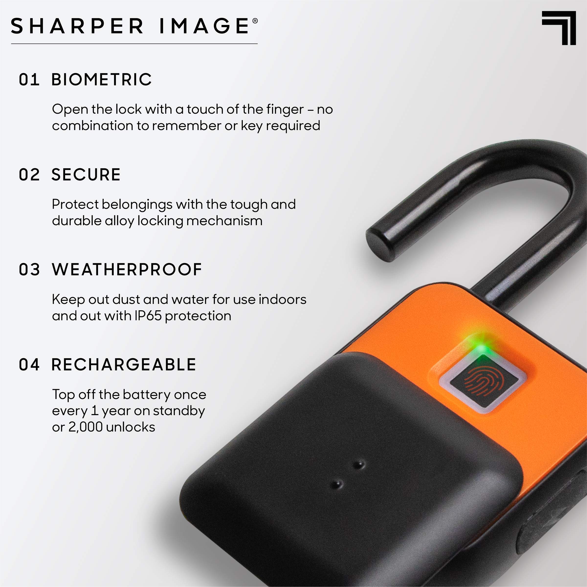 SHARPER IMAGE Fingerscan Digital Padlock, Biometric Keyless Code-Free Smart Lock, Rechargeable and IP66 Waterproof, Portable Security for Locker, Bike, Door, Gate, Home, Securely Unlock w/ Thumbprint