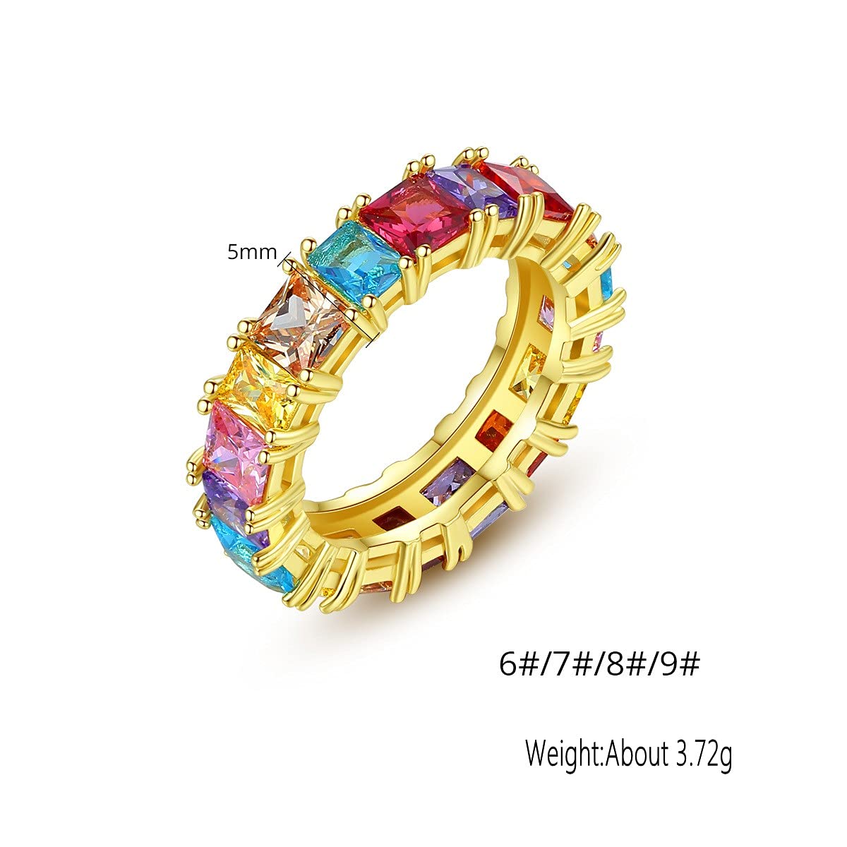 TEEMI-18K Gold Plated Cubic Zirconia Emerald Cut Multicolor Rainbow Eternity Ring Band (8)