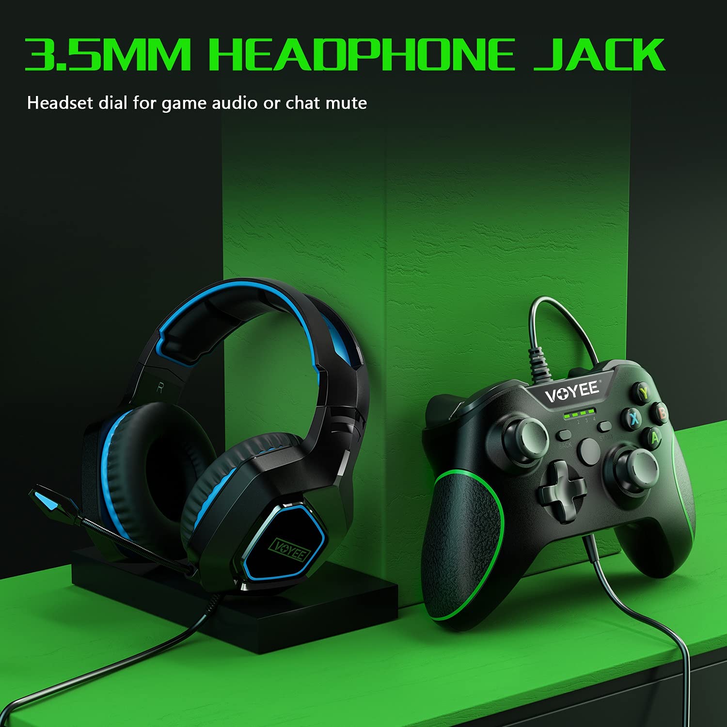 VOYEE Wired Controller Compatible with Xbox One/X/S/PC Windows 10/8/7, with Headphone Jack/Double Shock/Upgraded Joystick - Black
