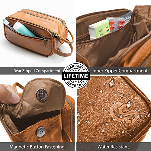 QS Toiletry Bag for Men or Women - Dopp Kit For Travel. Large Cosmetic and Bathroom Shaving Bag. Toiletry Organizer PU Leather USA (Medium, Brown)