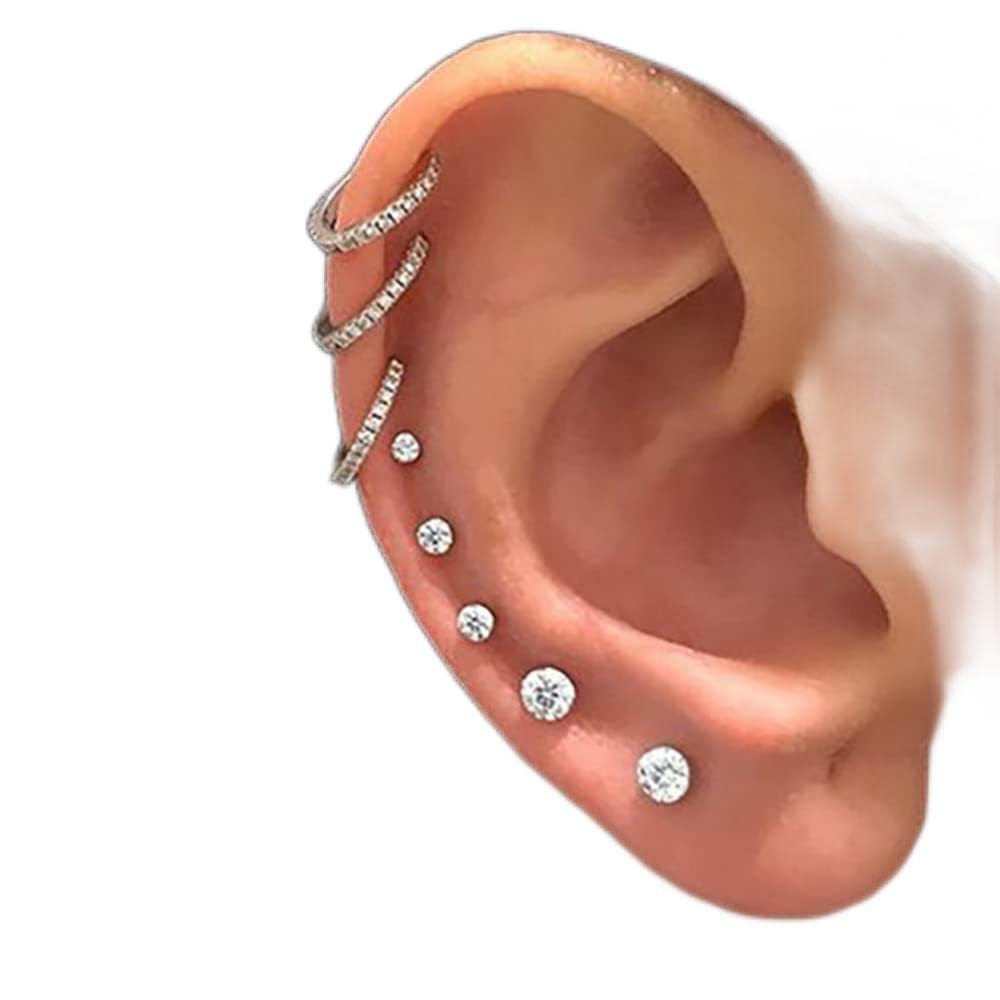 Xerling Rhinestone Stud Earrings Set for Women Multiple Piercings Small Huggie Hoop Silver Earrings Dainty Open Earrings Ear Cuff 8 Pairs