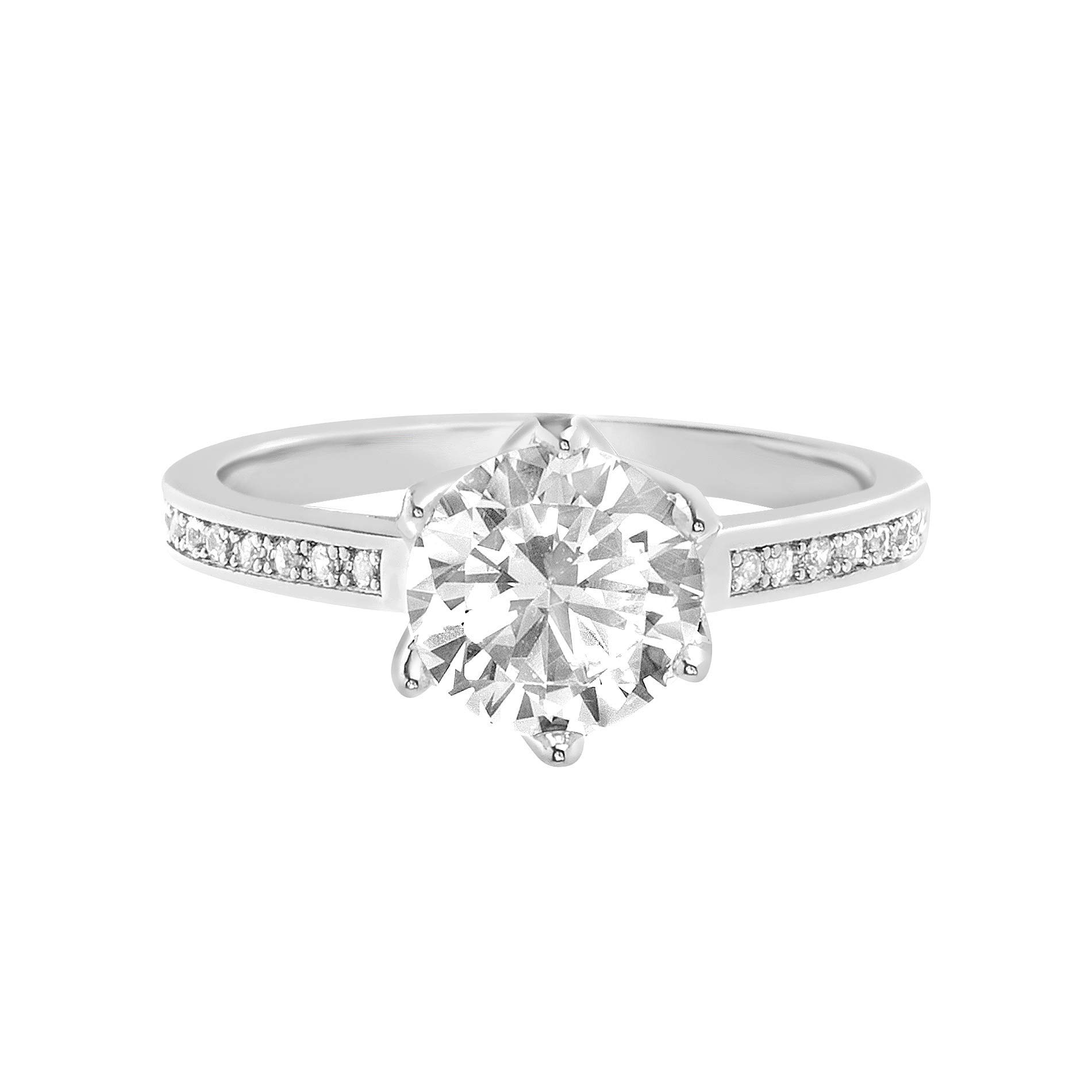 TwoBirch 18k White Gold Plated Sterling Silver Round Tulip Setting Cubic Zirconia Engagement Ring with Accent Side Stones (Size 8)