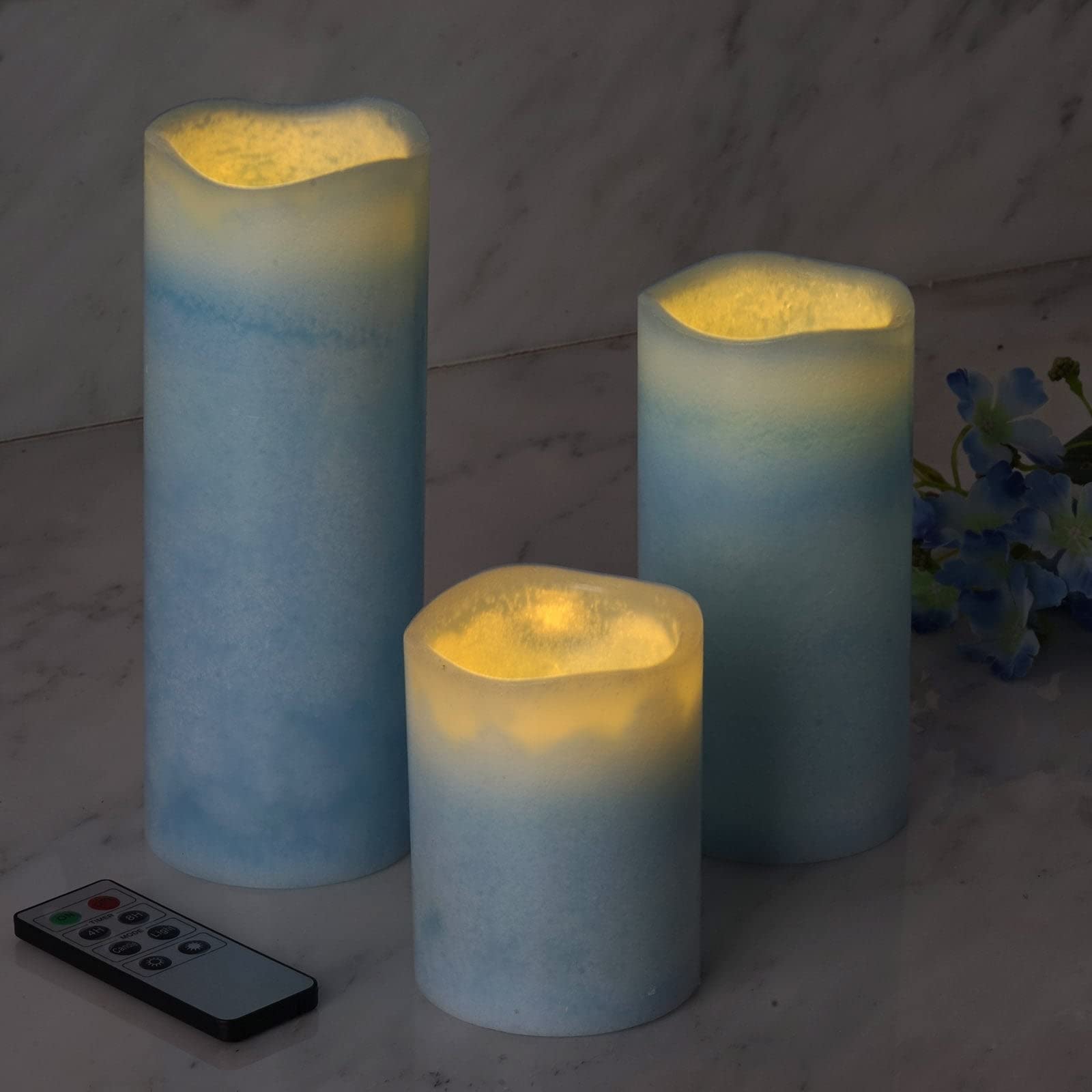 Tableclothsfactory Set of 3 Blue Flameless Candles Battery Operated LED Pillar Candle Lights with Remote Timer - 4" / 6β / 8β