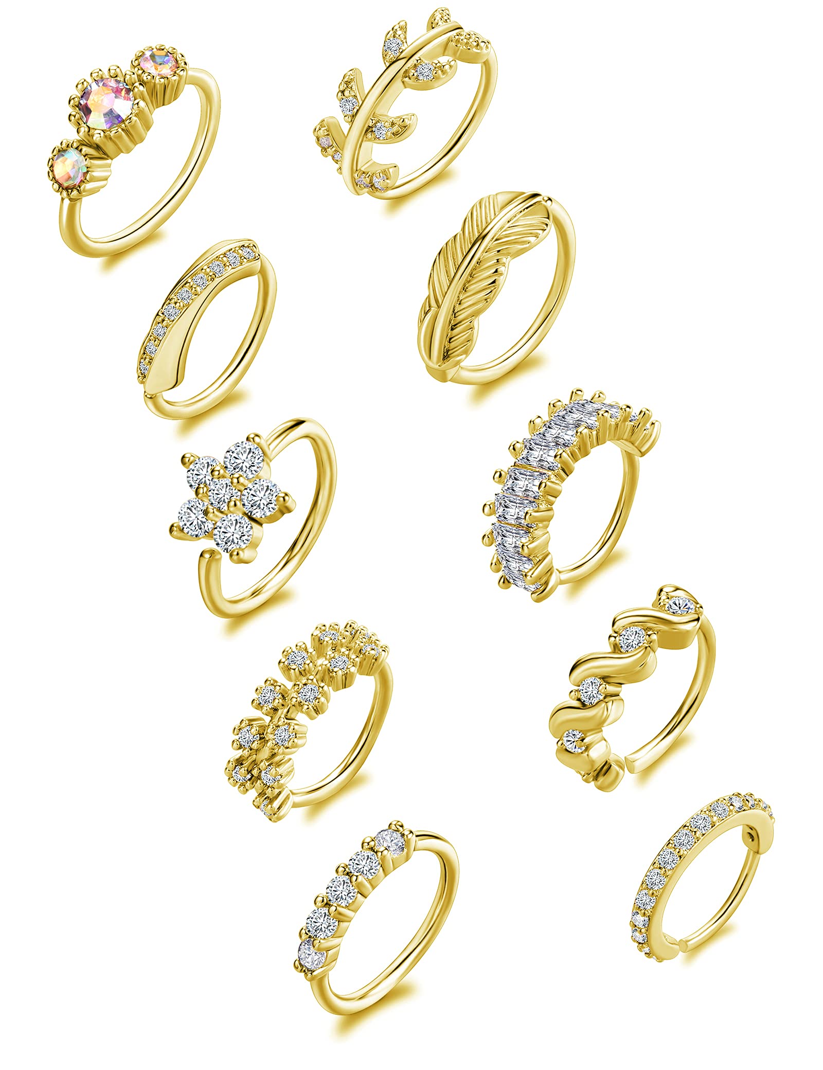 Tornito 10Pcs Nose Ring Hoop Paved Flower Leaf Feather CZ Cartilage Earrings Nose Piercing Jewelry for Women Men Gold Tone 20G
